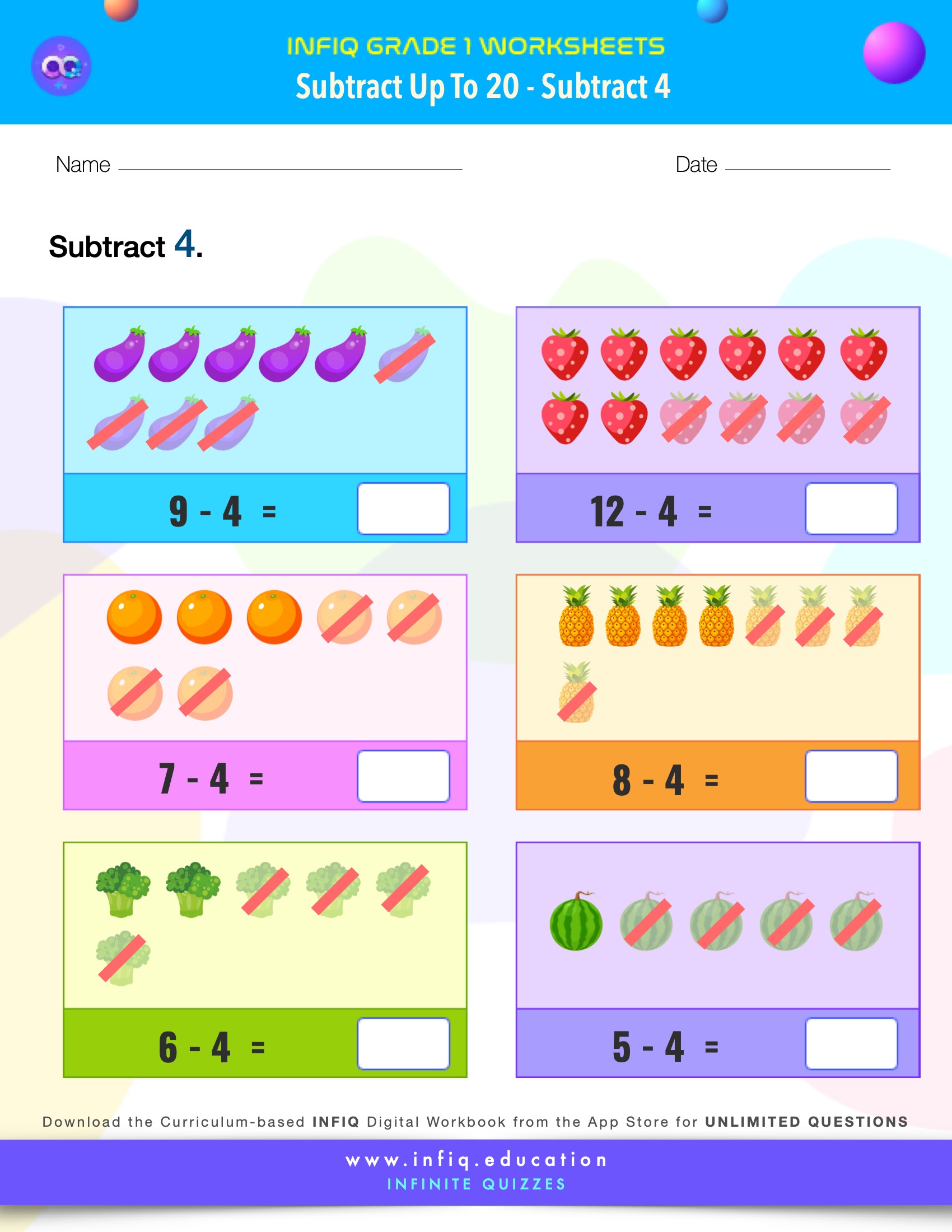 INFIQ | GRADE 1 Math Worksheets- Subtract up to 20 - Subtract 4