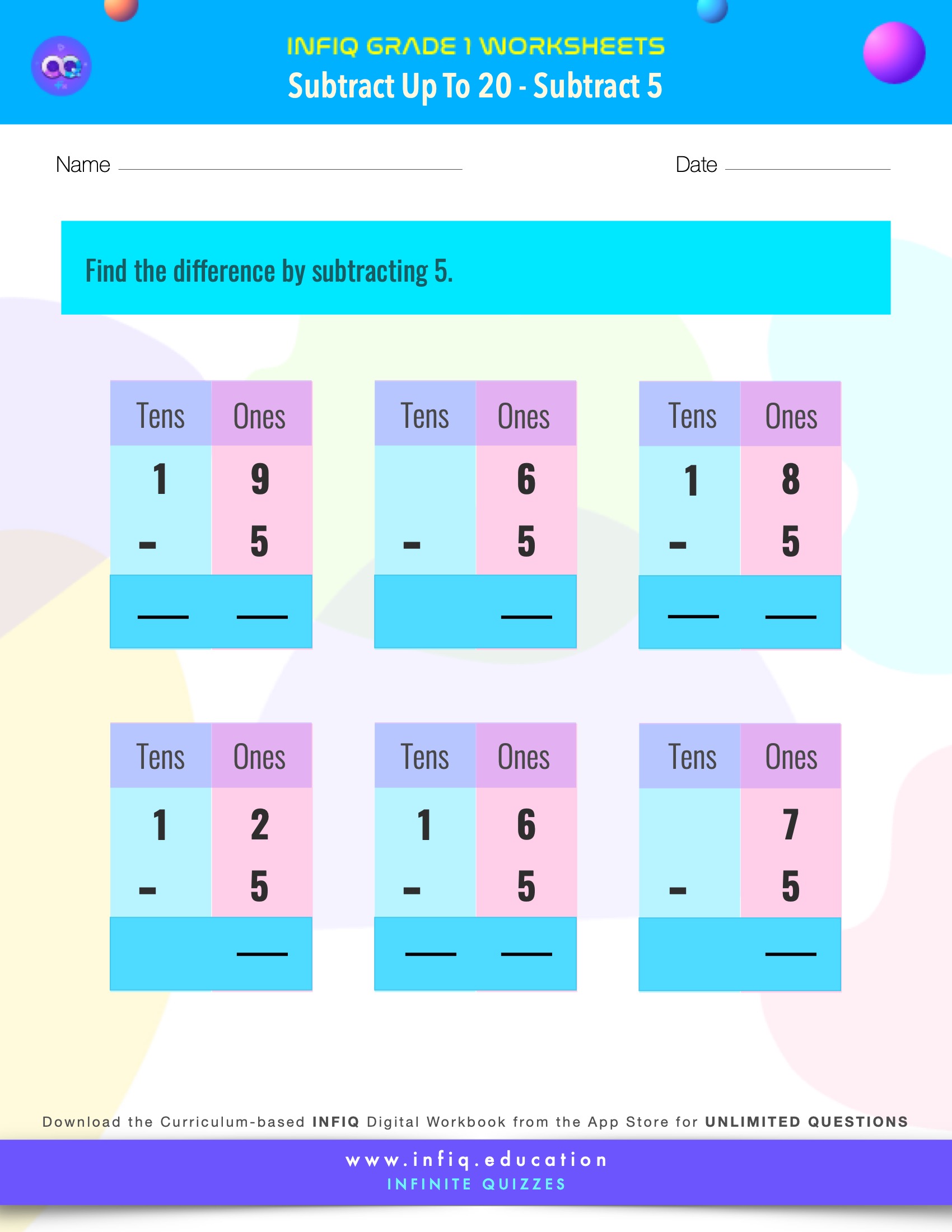 INFIQ | GRADE 1 Math Worksheets- Subtract up to 20 - Subtract 5