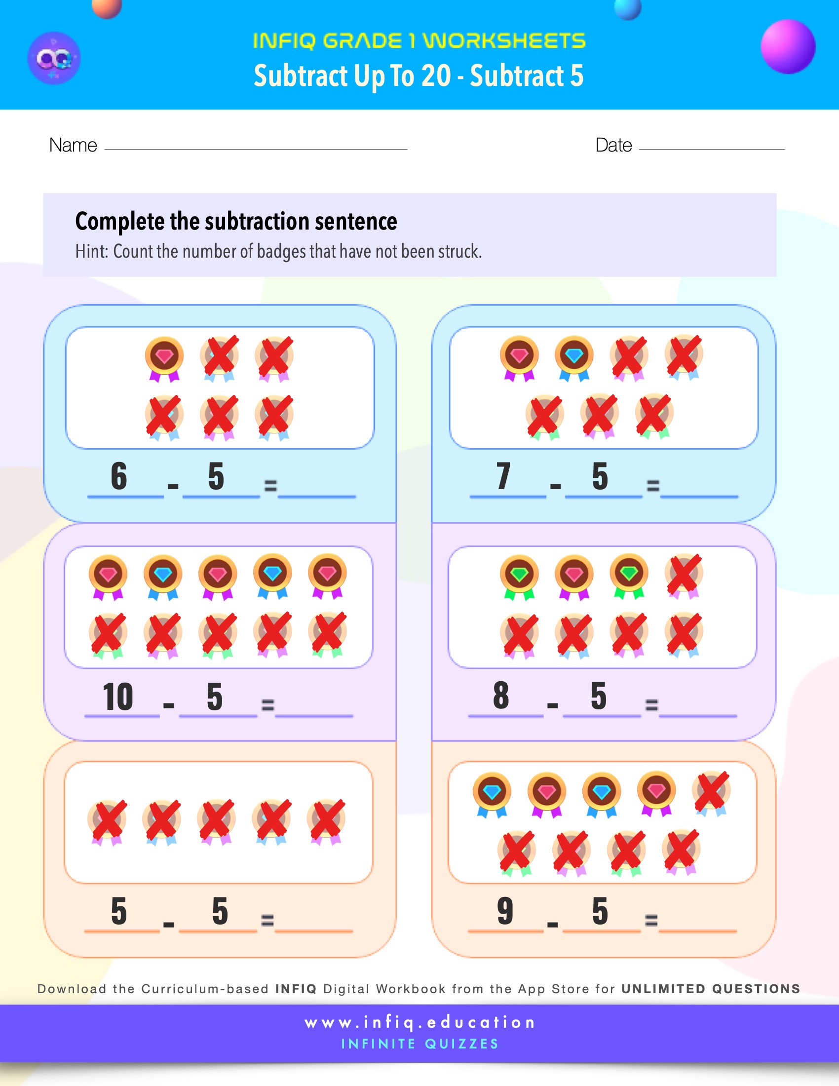INFIQ | GRADE 1 Math Worksheets- Subtract up to 20 - Subtract 5