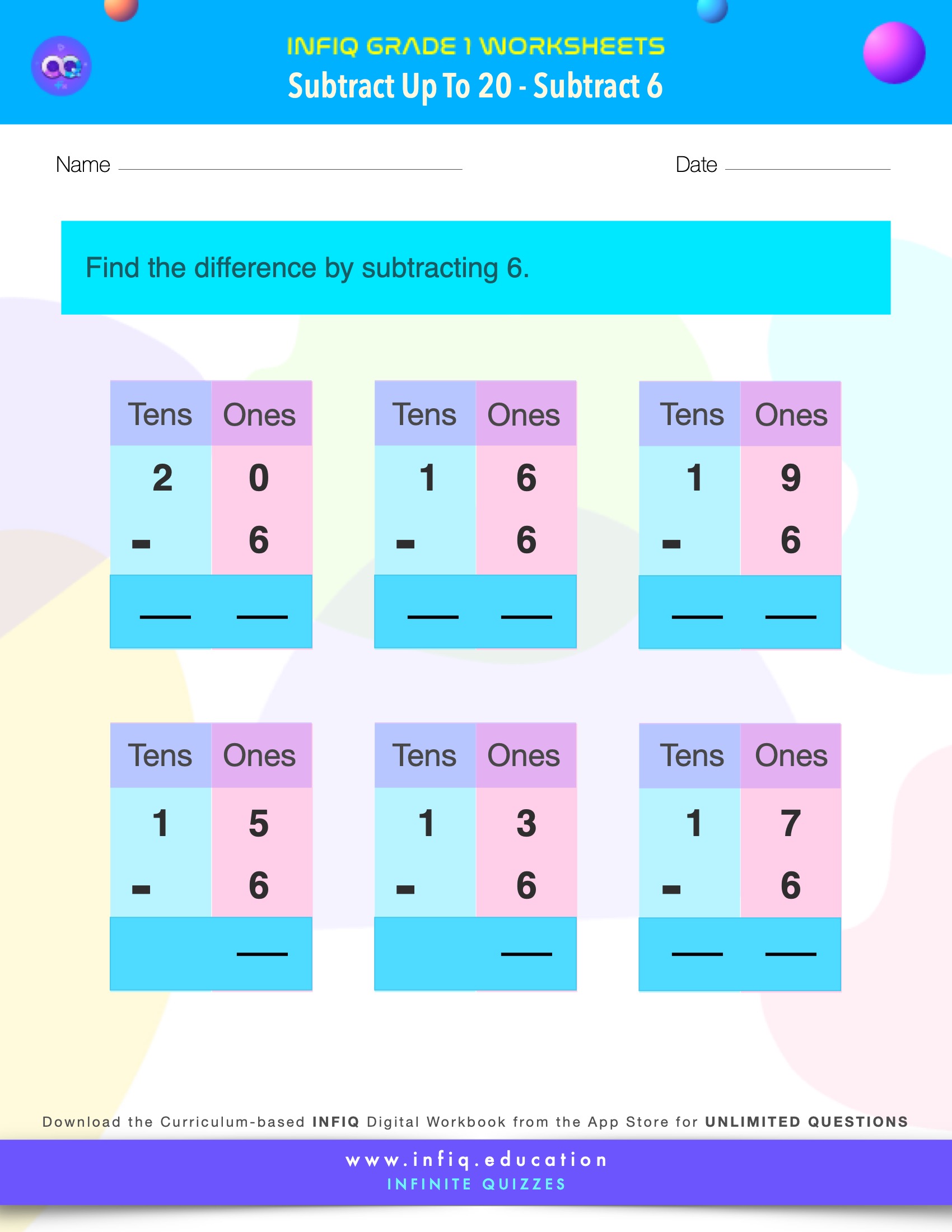 INFIQ | GRADE 1 Math Worksheets- Subtract up to 20 - Subtract 6