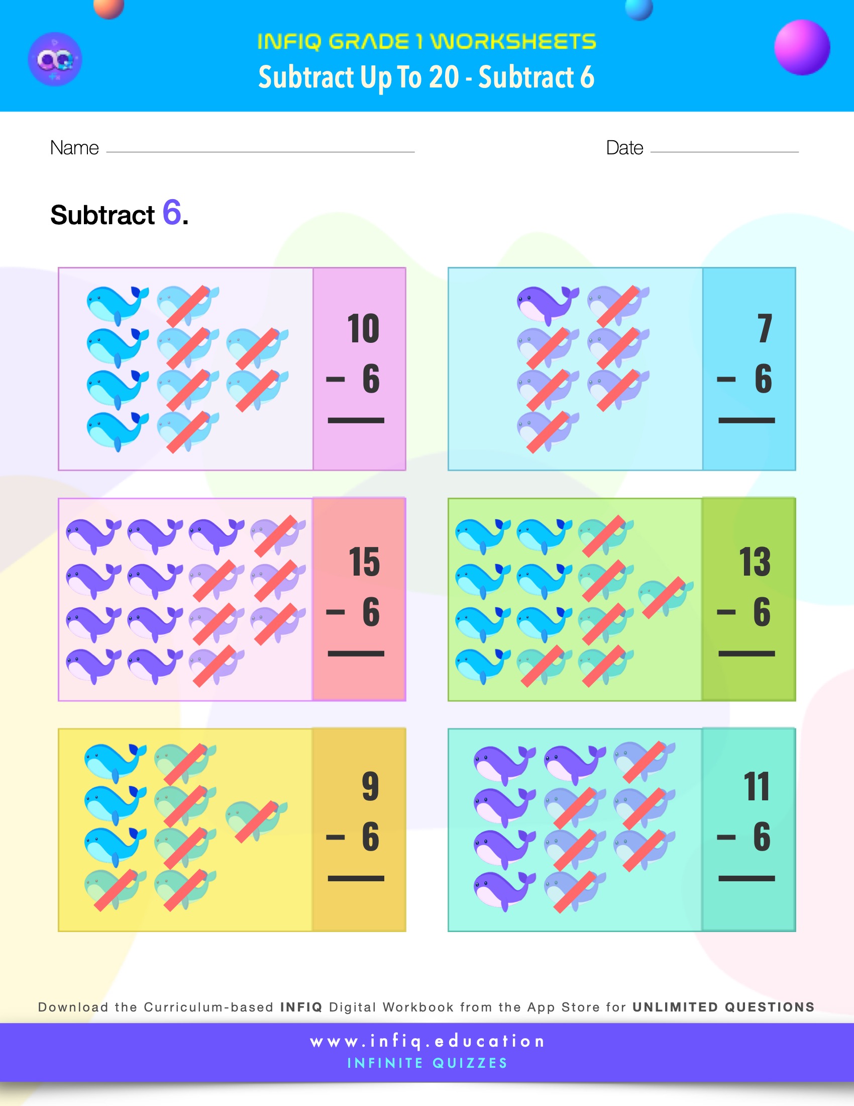 INFIQ | GRADE 1 Math Worksheets- Subtract up to 20 - Subtract 6