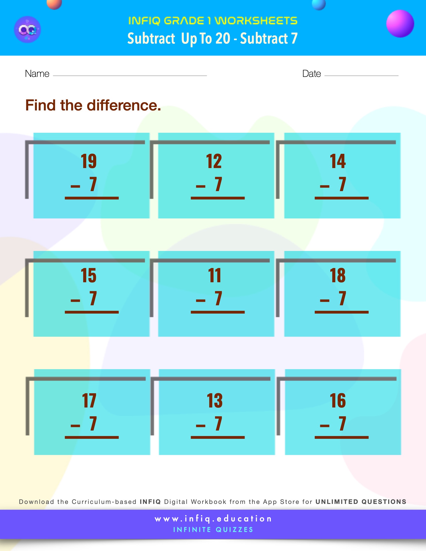 INFIQ | GRADE 1 Math Worksheets- Subtract up to 20 - Subtract 7