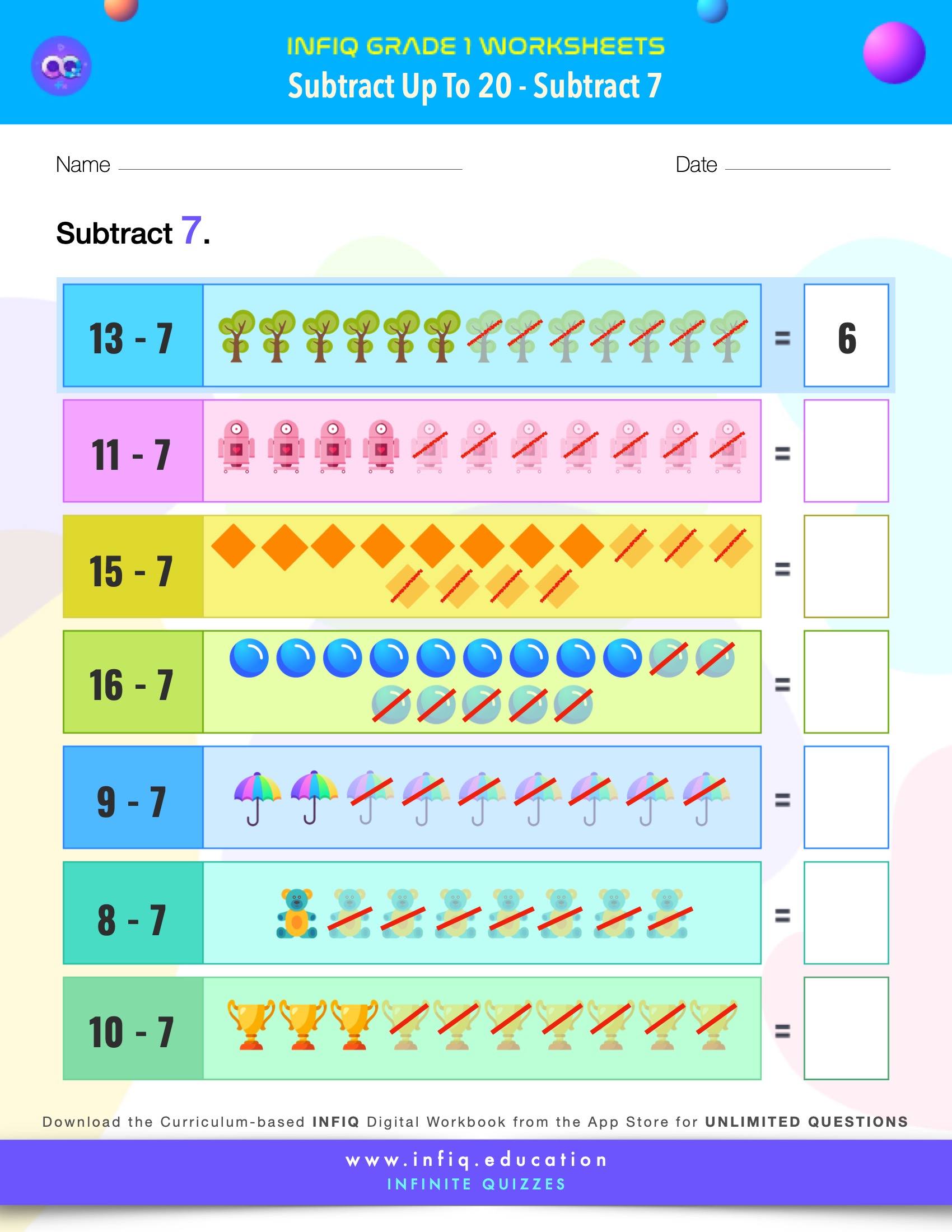 INFIQ | GRADE 1 Math Worksheets- Subtract up to 20 - Subtract 7