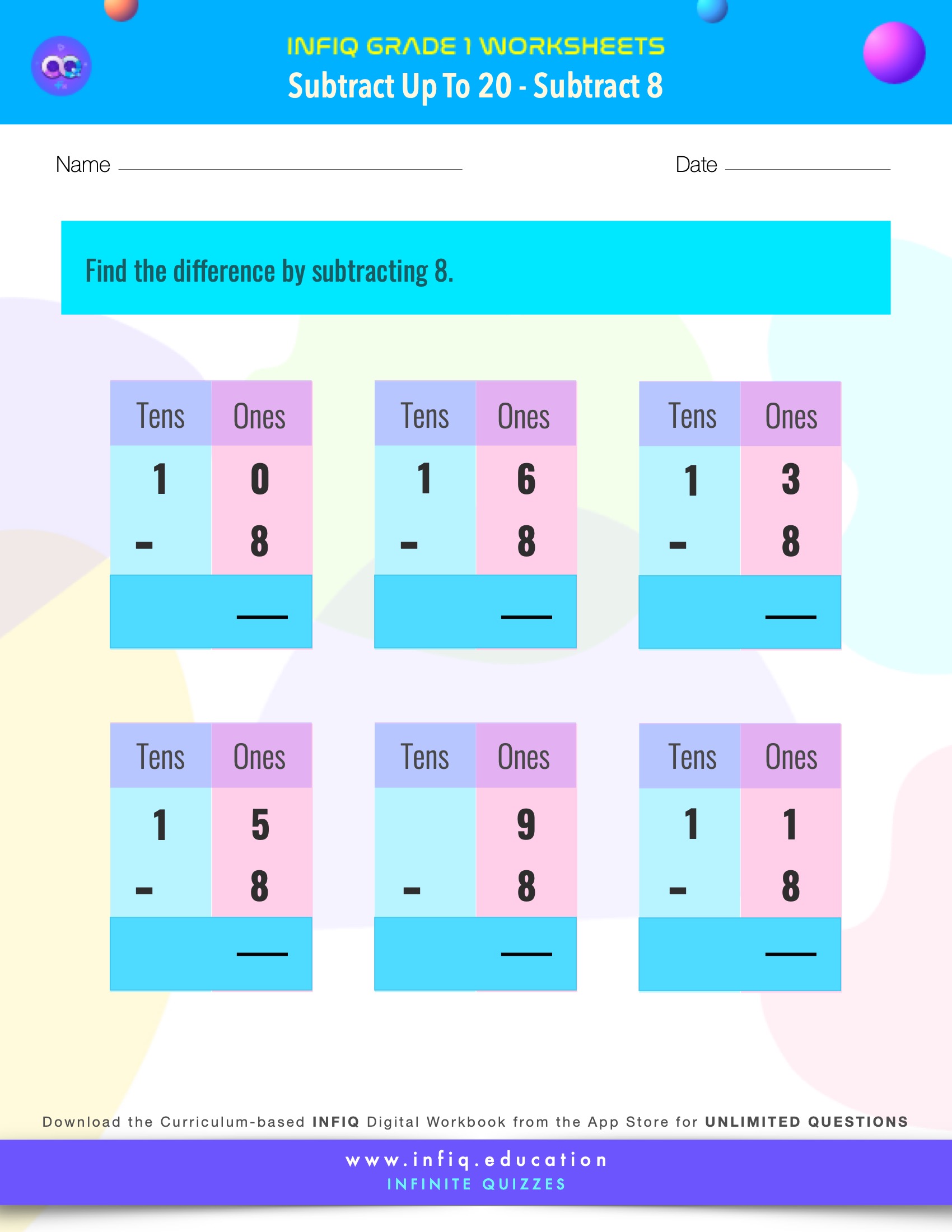 INFIQ | GRADE 1 Math Worksheets- Subtract up to 20 - Subtract 8