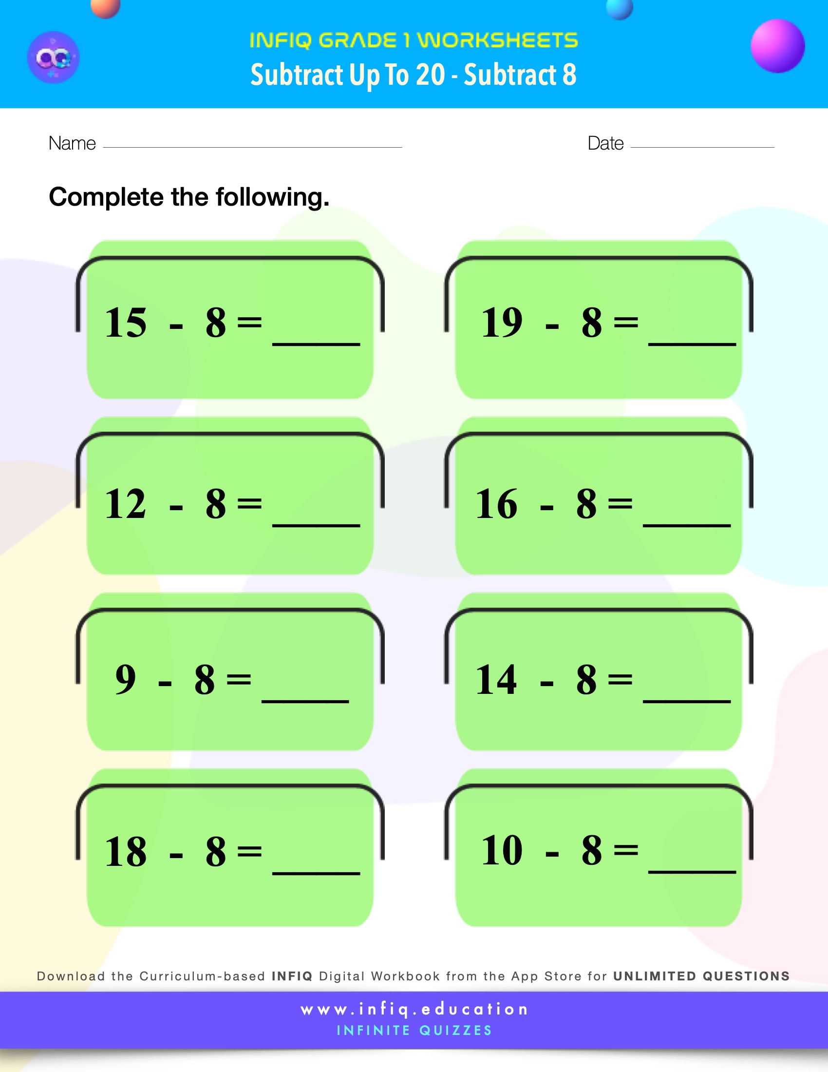 INFIQ | GRADE 1 Math Worksheets- Subtract up to 20 - Subtract 8