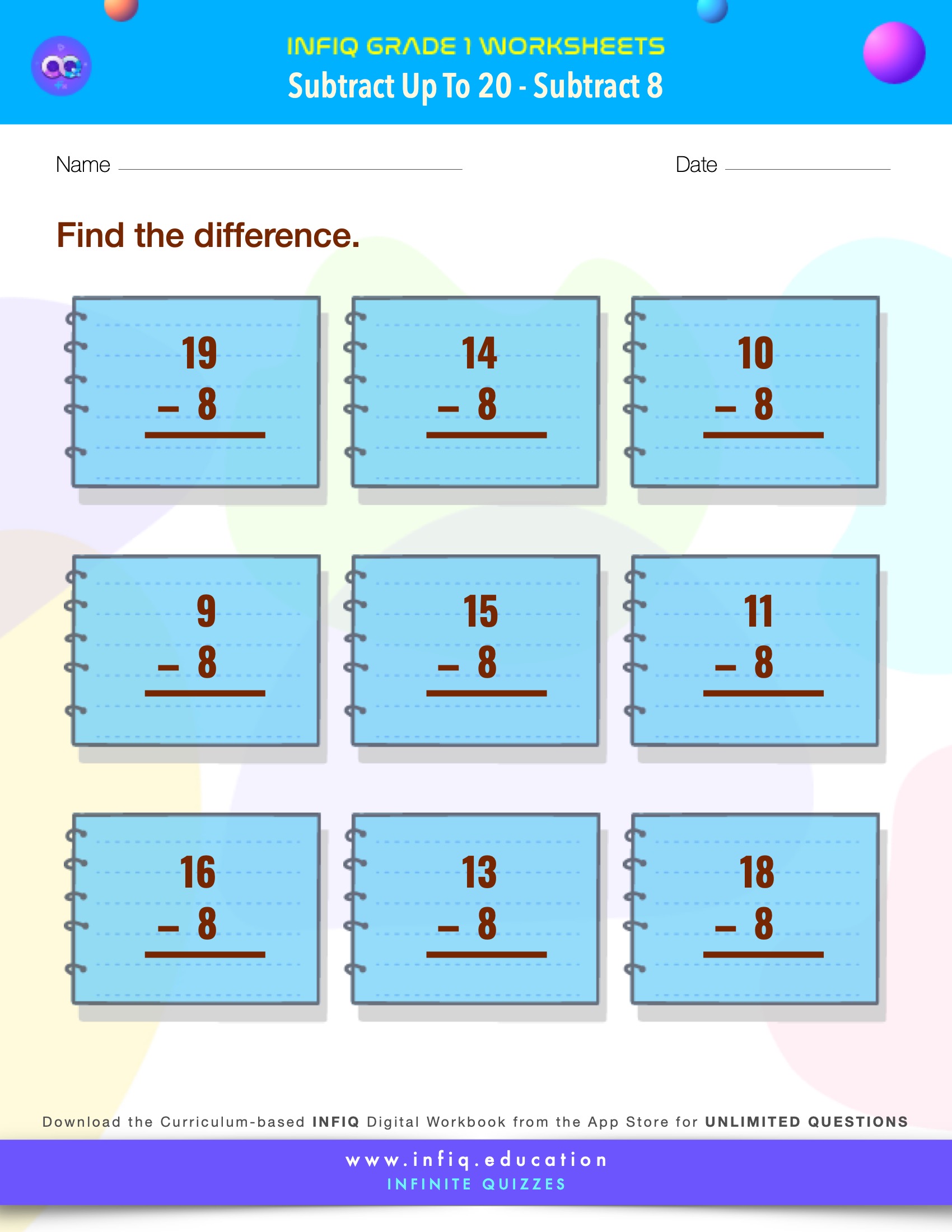 INFIQ | GRADE 1 Math Worksheets- Subtract up to 20 - Subtract 8