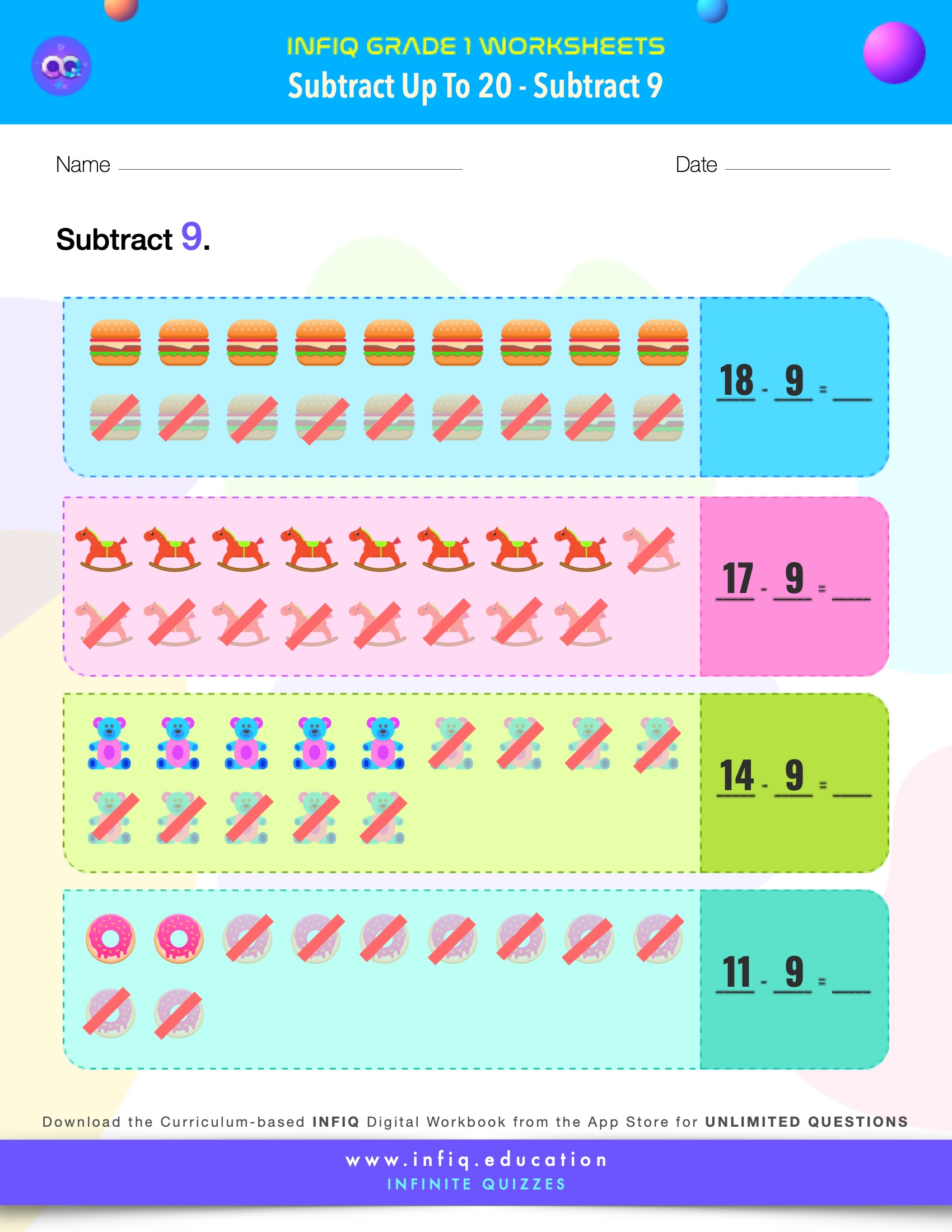INFIQ | GRADE 1 Math Worksheets- Subtract up to 20 - Subtract 9