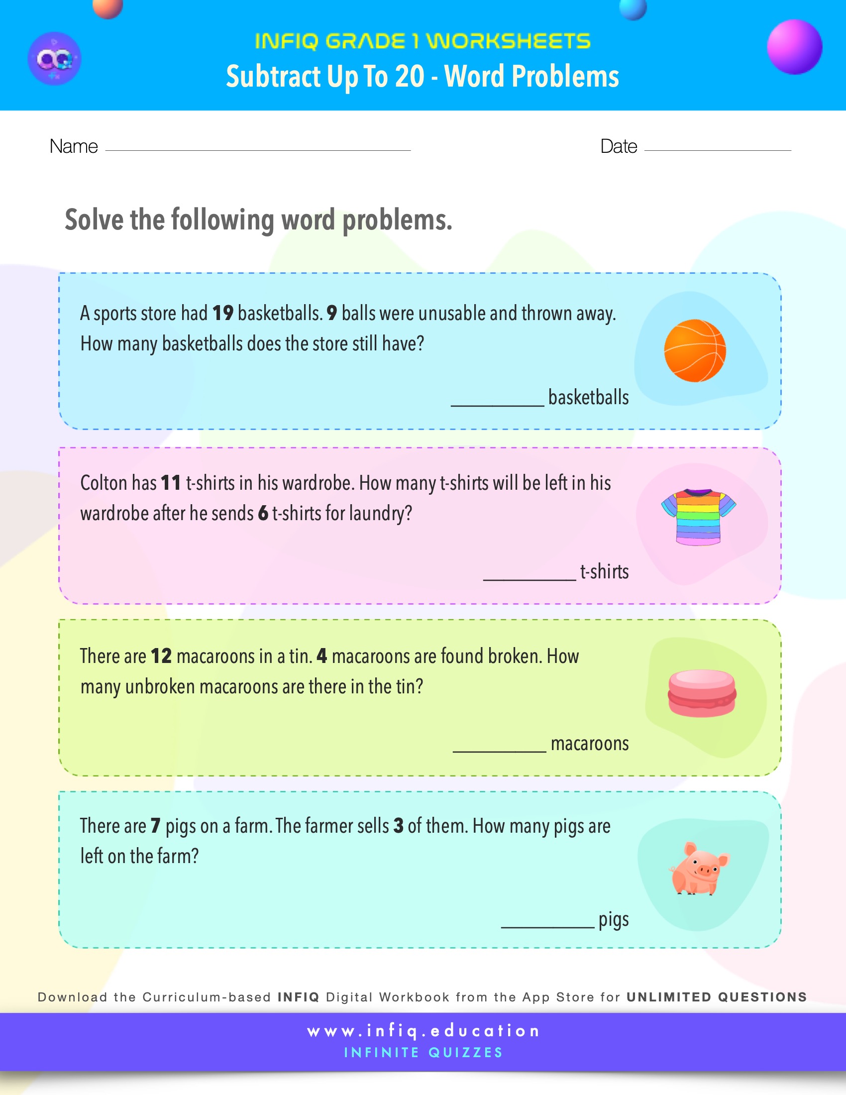 INFIQ | GRADE 1 Math Worksheets- Subtract up to 20 - Word Problems