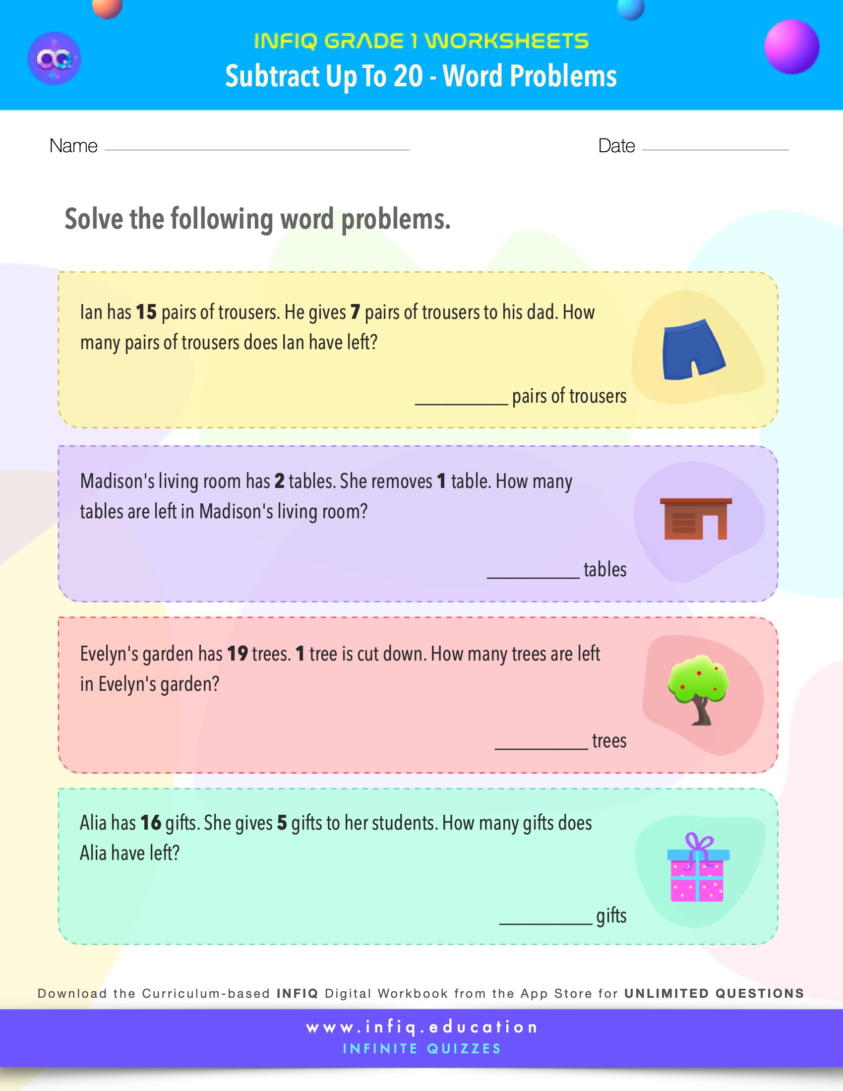 INFIQ | GRADE 1 Math Worksheets- Subtract up to 20 - Word Problems
