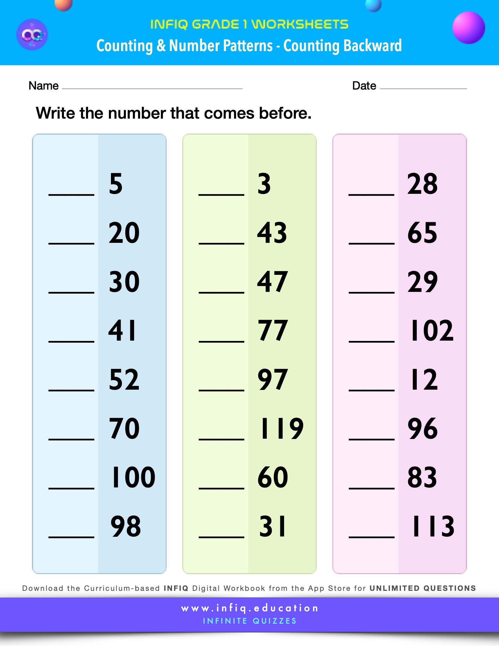 INFIQ | GRADE 1 Math Worksheets- Counting and Number Patterns ...