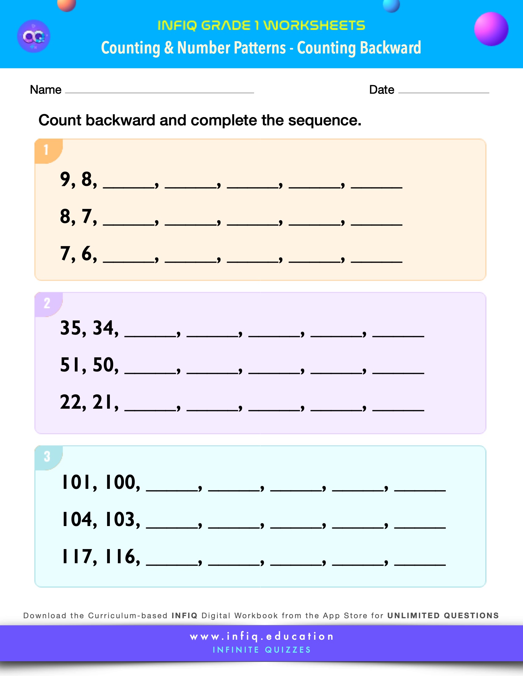 INFIQ | GRADE 1 Math Worksheets- Counting and Number Patterns ...