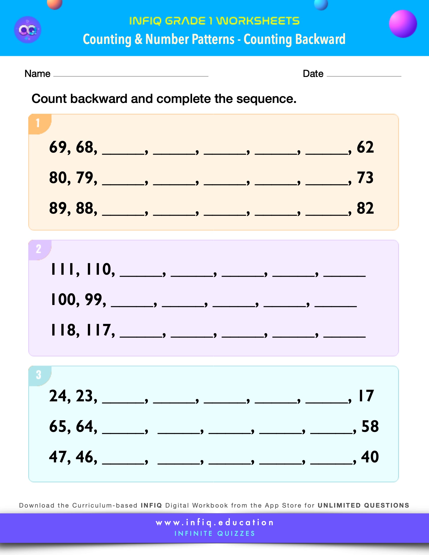 INFIQ | GRADE 1 Math Worksheets- Counting and Number Patterns ...