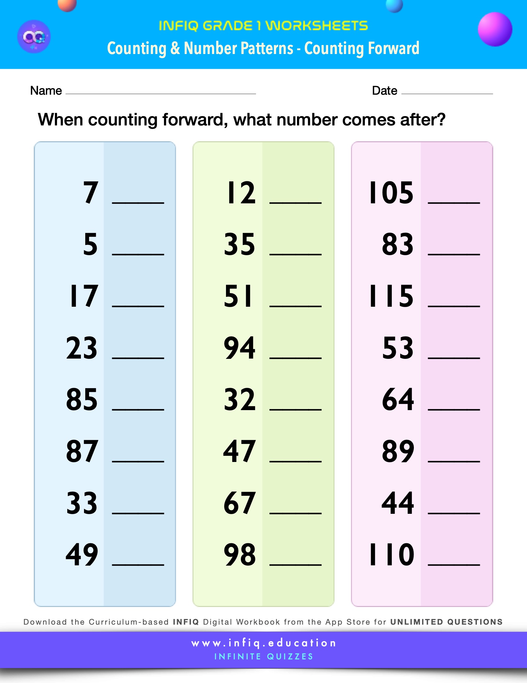 INFIQ | GRADE 1 Math Worksheets- Counting and Number Patterns ...