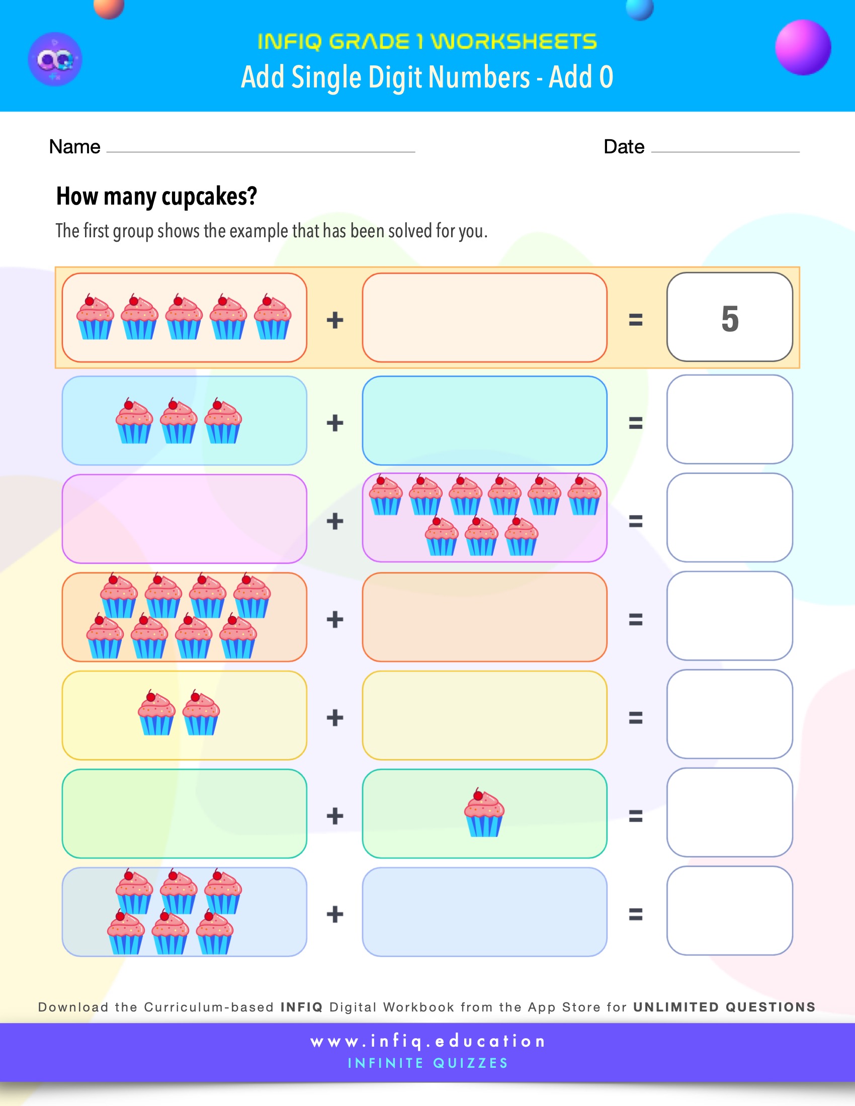 INFIQ | GRADE 1 Math Worksheets- Add Single Digit Numbers - Add 0