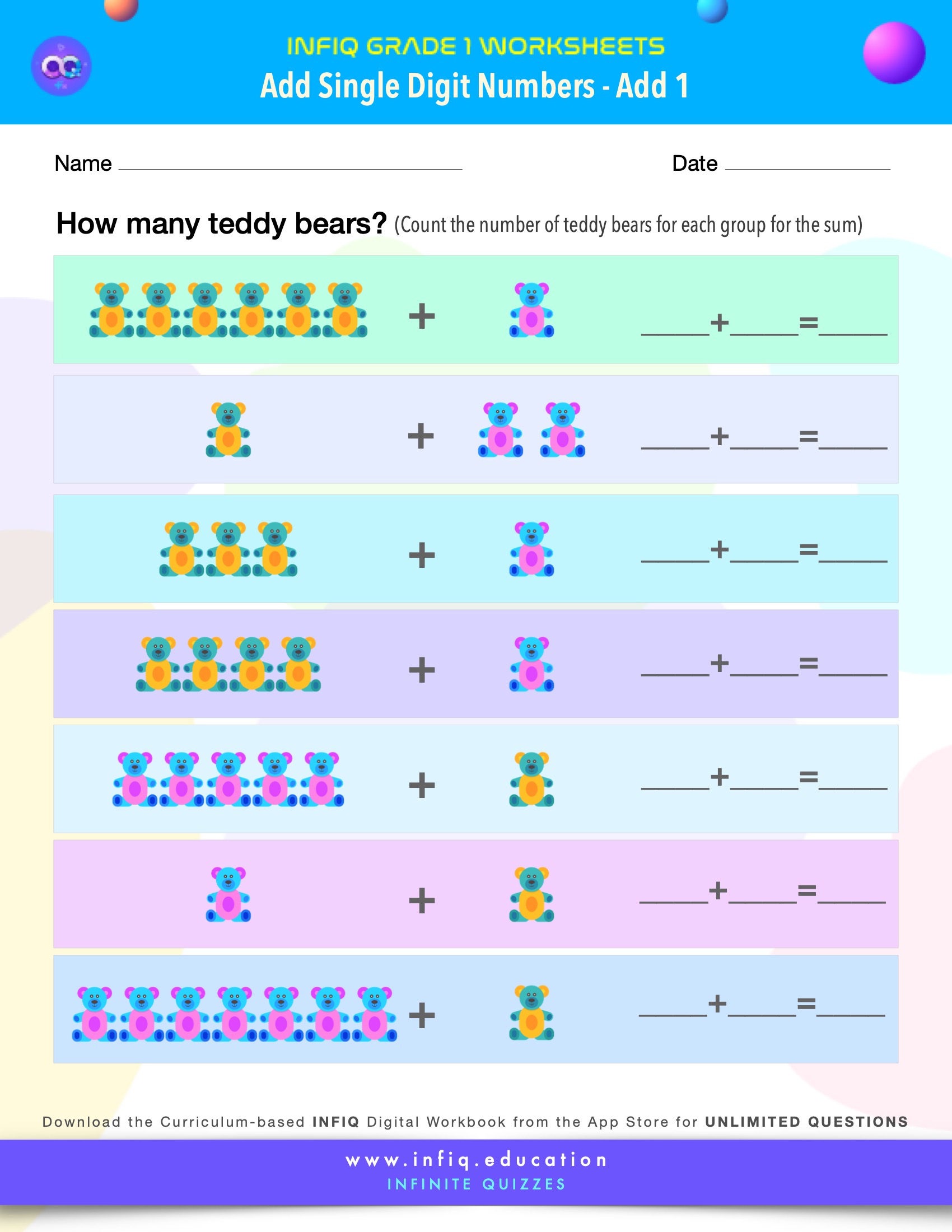 INFIQ | GRADE 1 Math Worksheets- Add Single Digit Numbers - Add 1