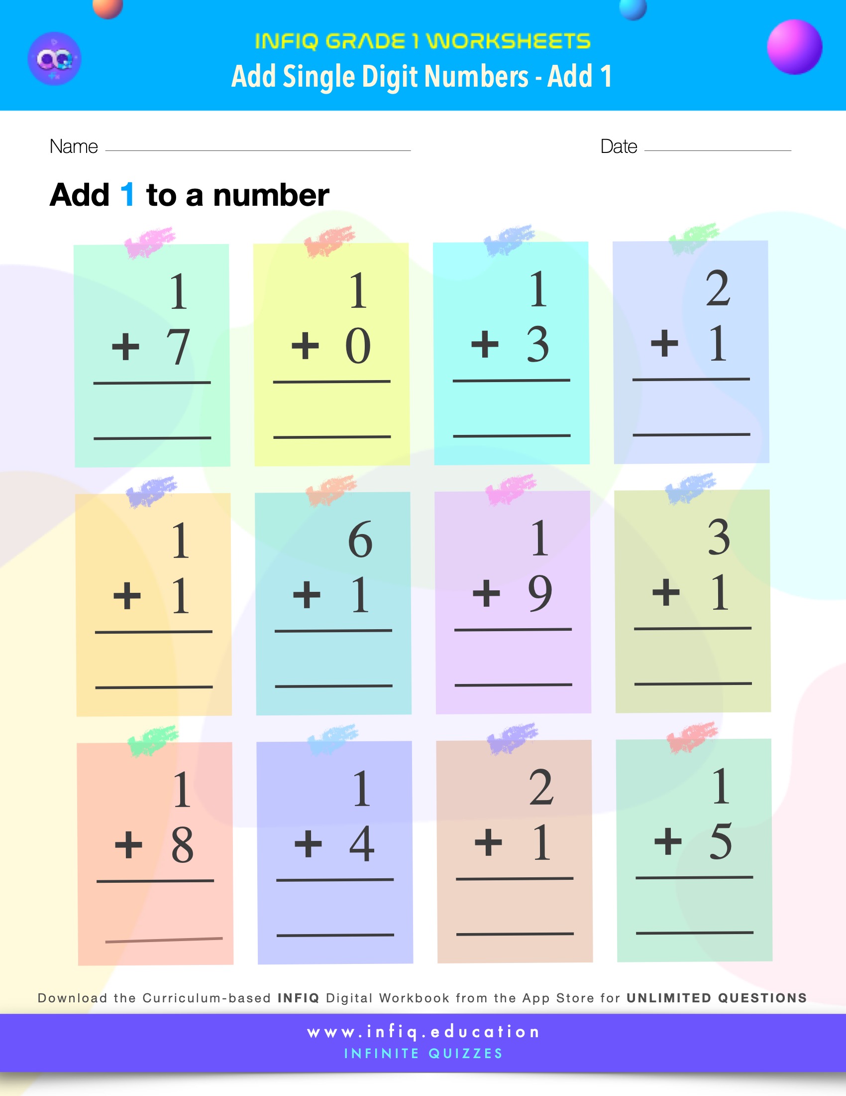 INFIQ | GRADE 1 Math Worksheets- Add Single Digit Numbers - Add 1