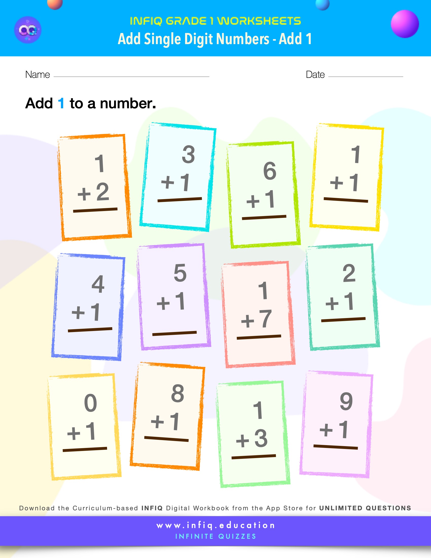 INFIQ | GRADE 1 Math Worksheets- Add Single Digit Numbers - Add 1
