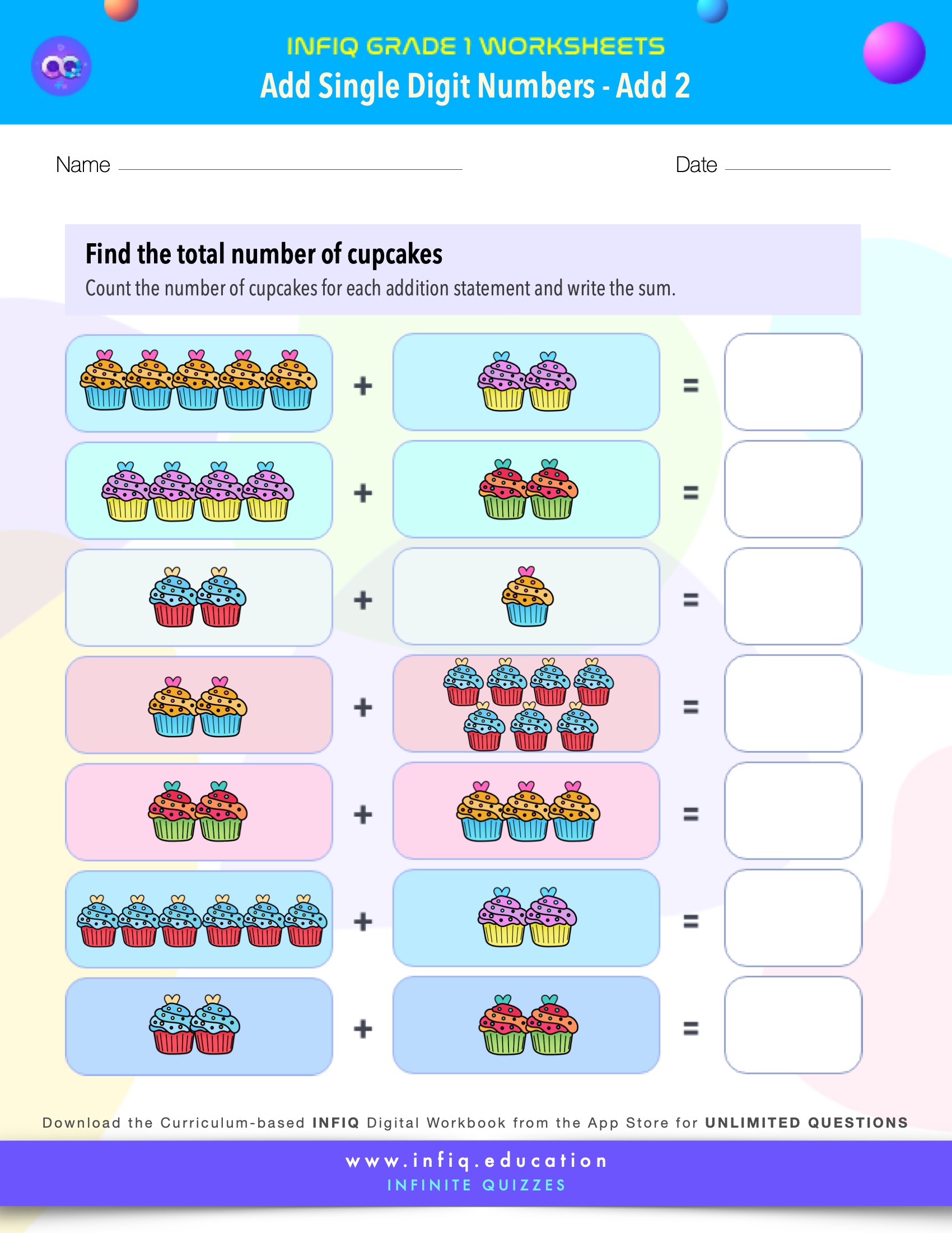 INFIQ | GRADE 1 Math Worksheets- Add Single Digit Numbers - Add 2