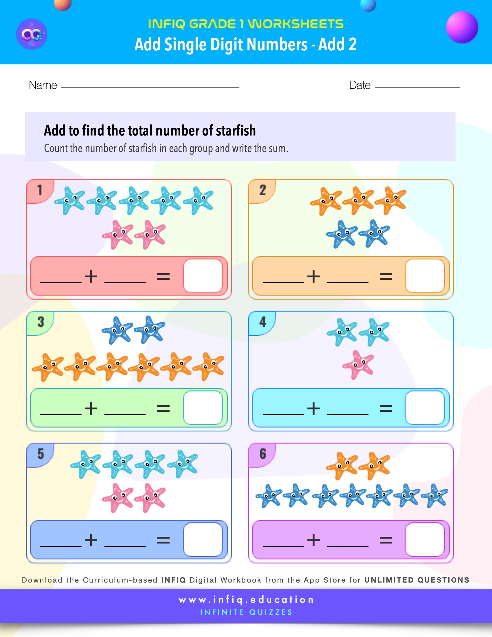 INFIQ | GRADE 1 Math Worksheets- Add Single Digit Numbers - Add 2