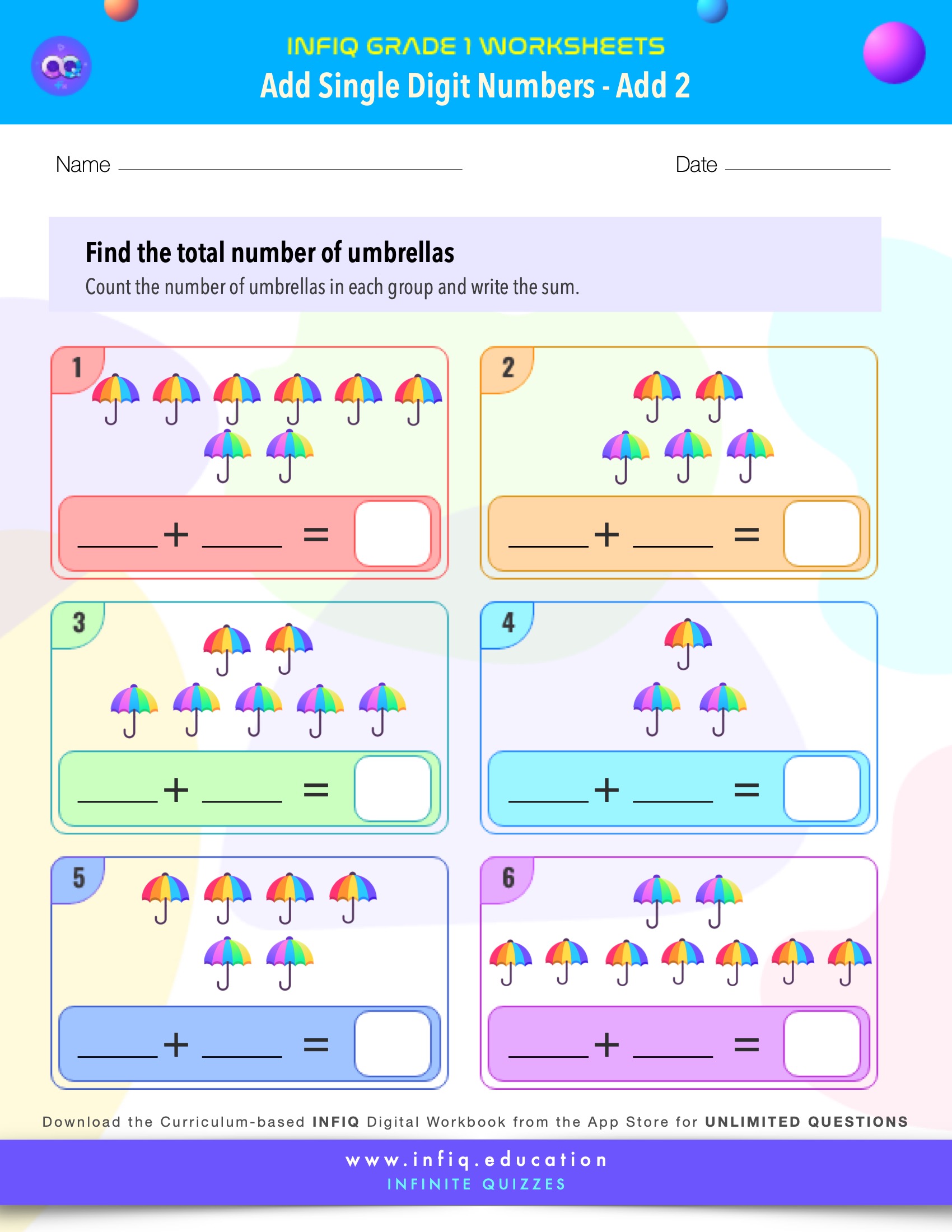 INFIQ | GRADE 1 Math Worksheets- Add Single Digit Numbers - Add 2