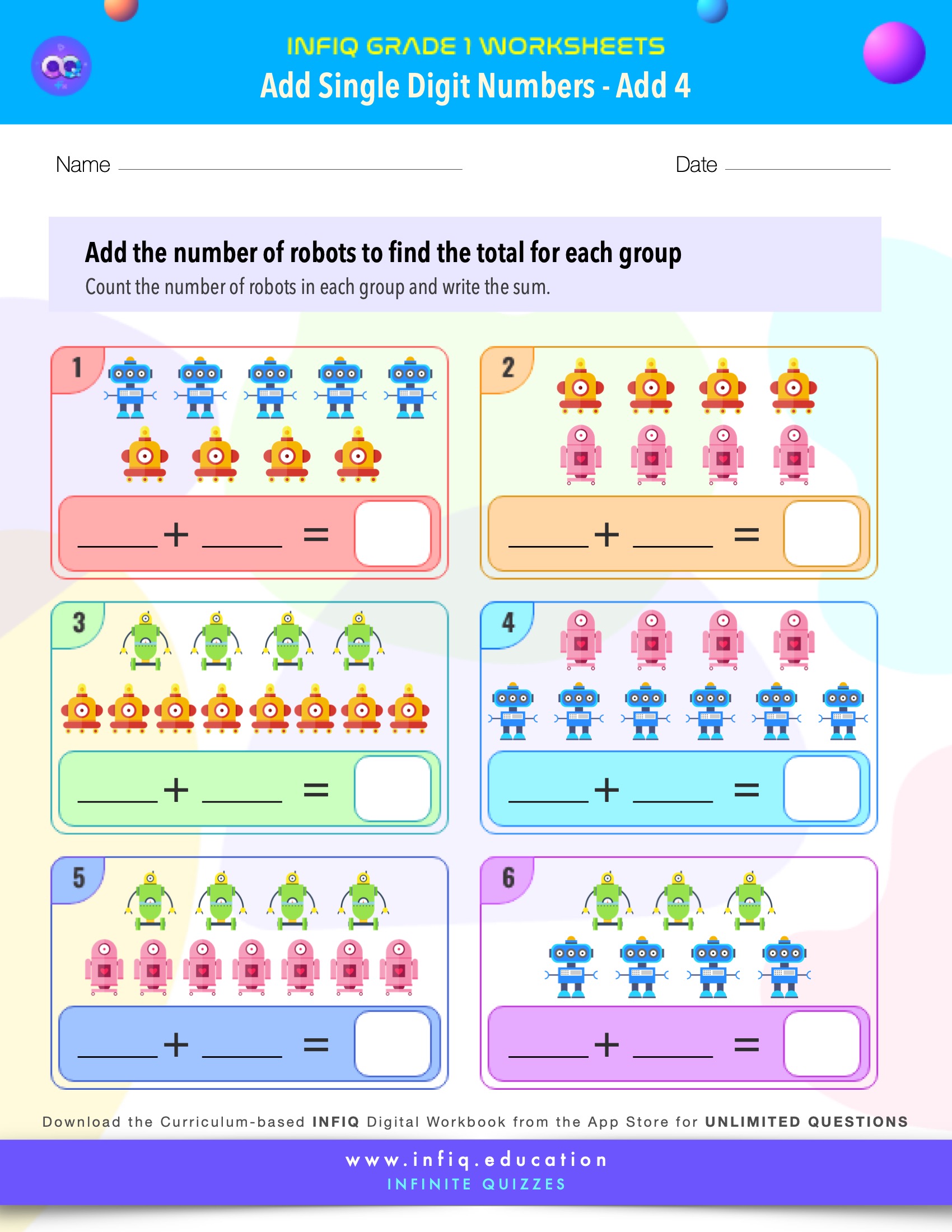 INFIQ | GRADE 1 Math Worksheets- Add Single Digit Numbers - Add 4