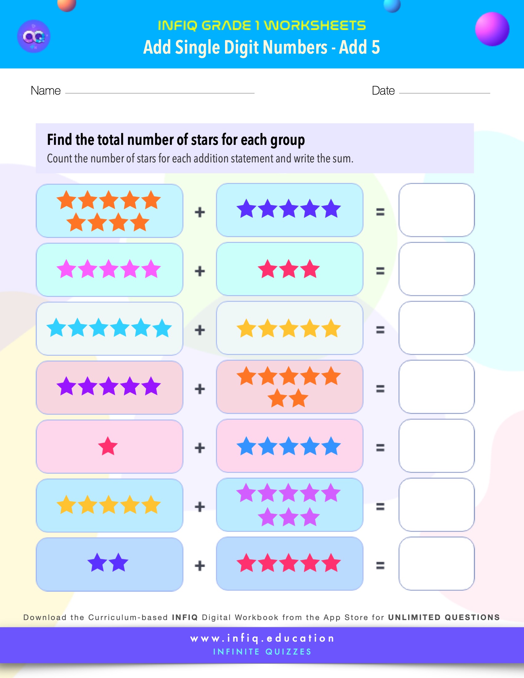 INFIQ | GRADE 1 Math Worksheets- Add Single Digit Numbers - Add 5