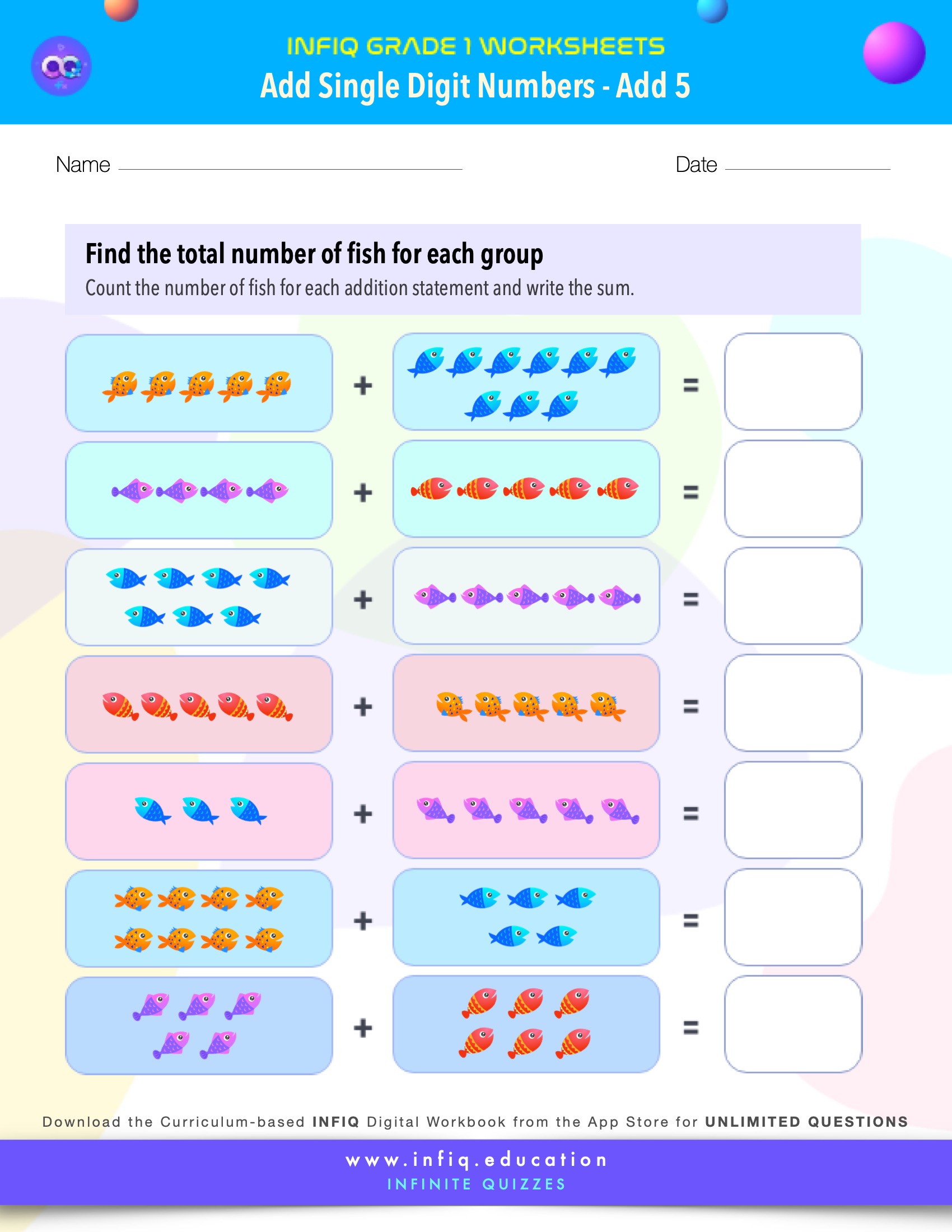 INFIQ | GRADE 1 Math Worksheets- Add Single Digit Numbers - Add 5