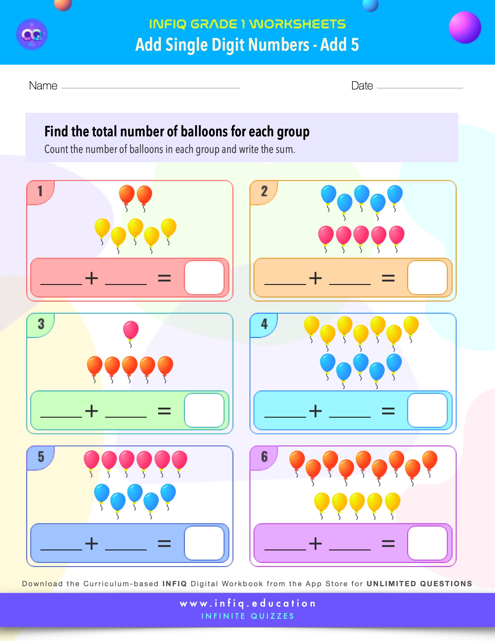 INFIQ | GRADE 1 Math Worksheets- Add Single Digit Numbers - Add 5