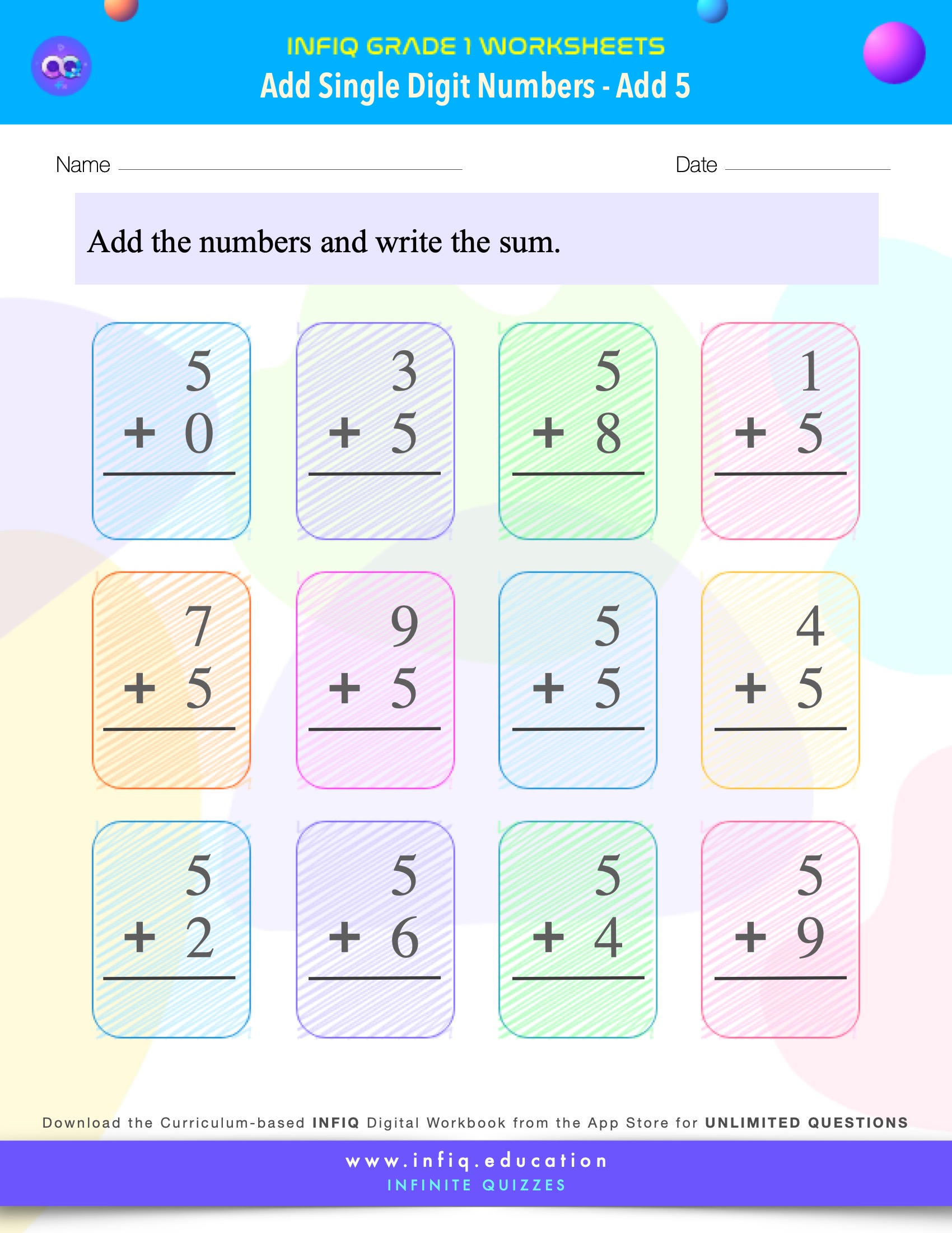 INFIQ | GRADE 1 Math Worksheets- Add Single Digit Numbers - Add 5