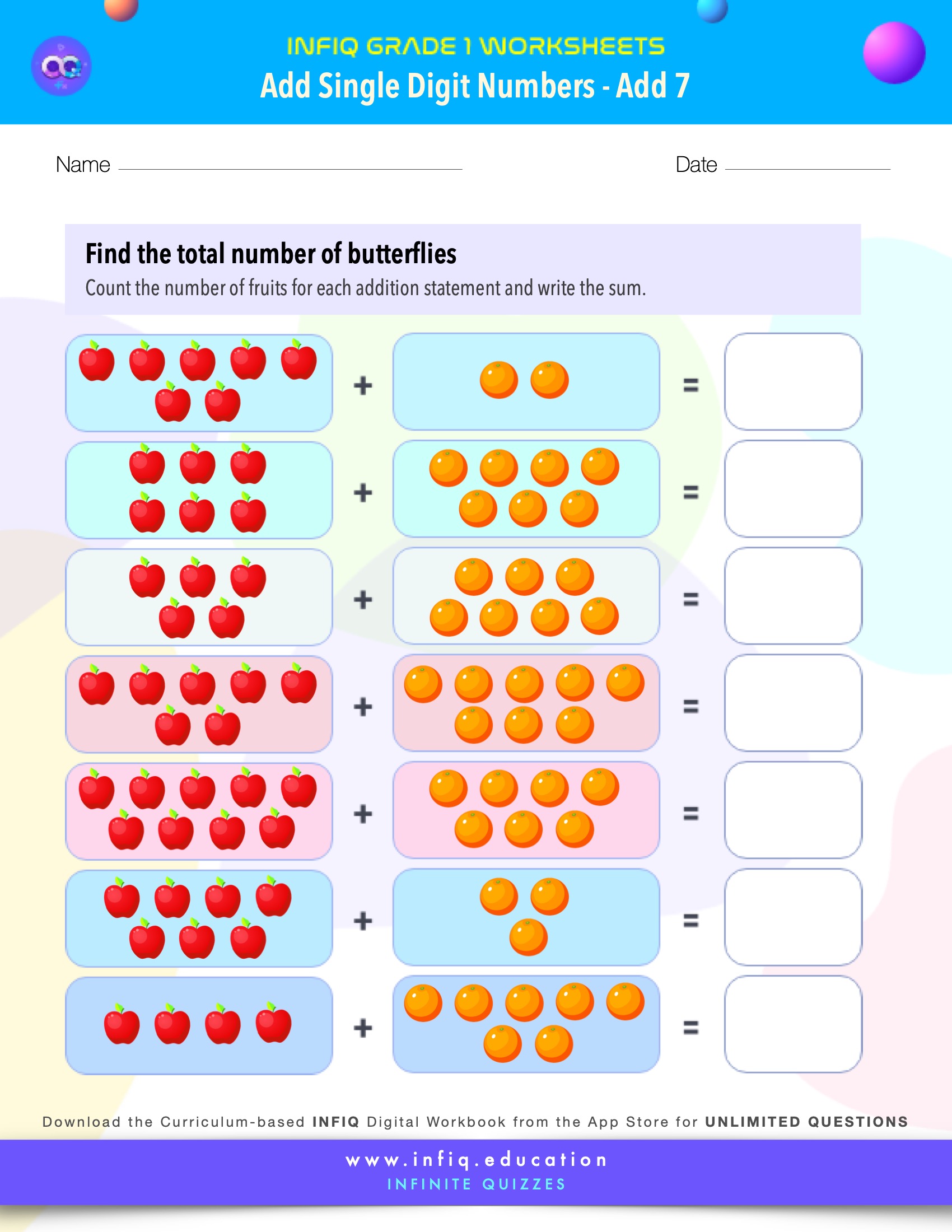 INFIQ | GRADE 1 Math Worksheets- Add Single Digit Numbers - Add 7