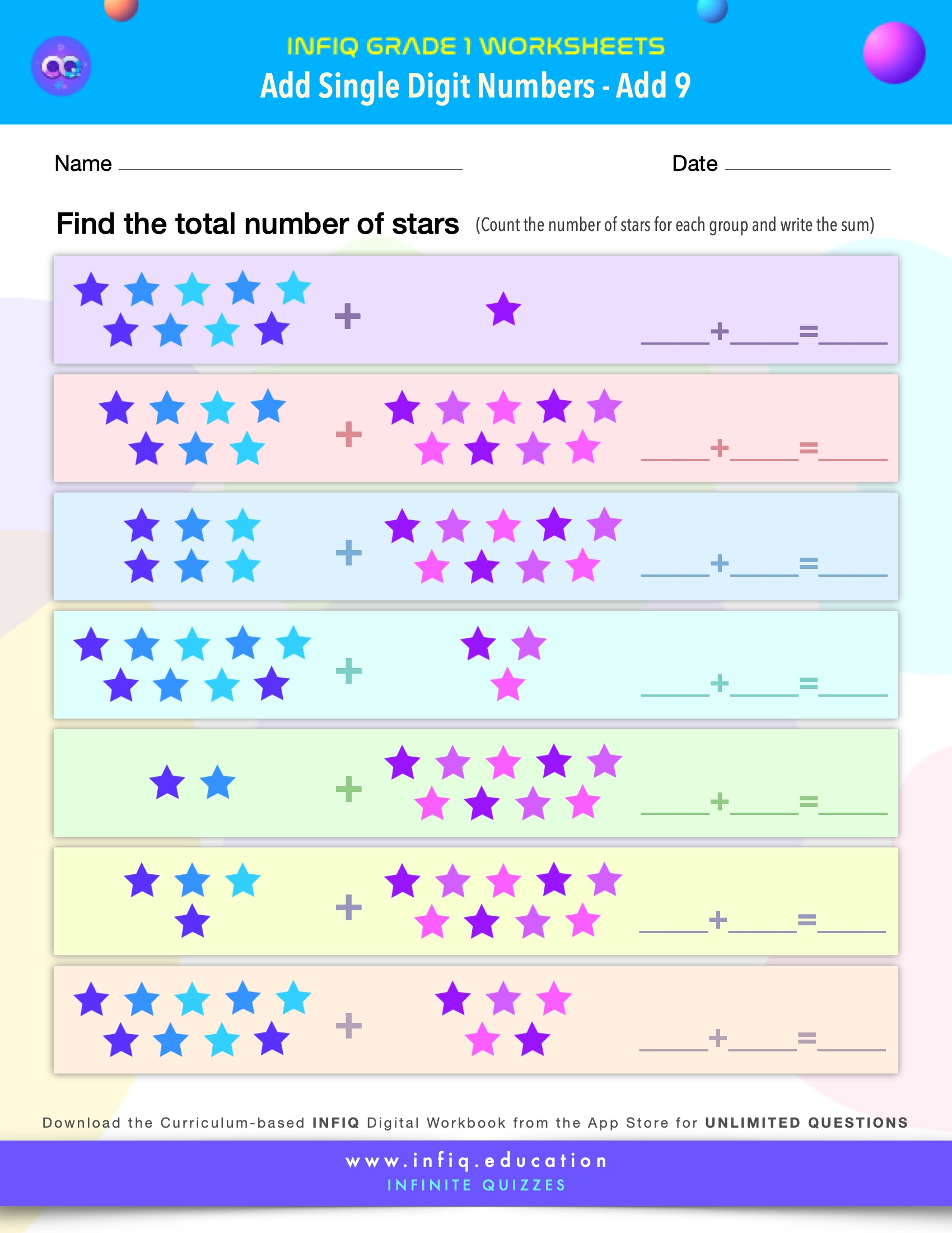 INFIQ | GRADE 1 Math Worksheets- Add Single Digit Numbers - Add 9
