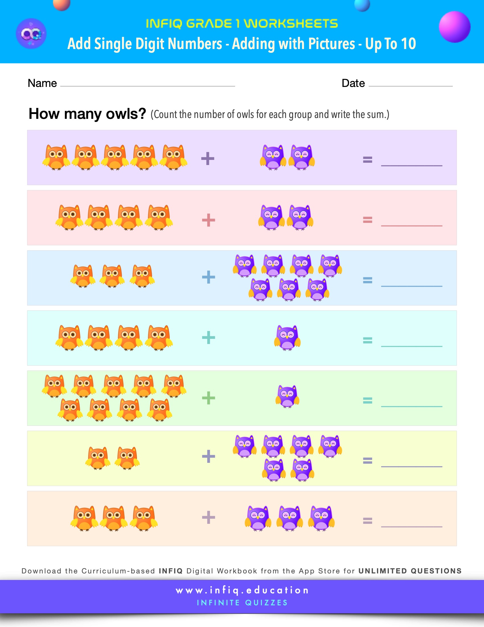INFIQ | GRADE 1 Math Worksheets- Add Single Digit Numbers - Adding with ...
