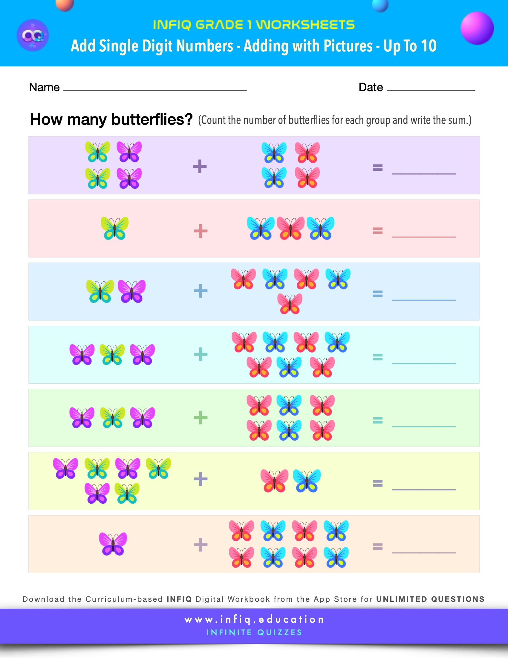 INFIQ | GRADE 1 Math Worksheets- Add Single Digit Numbers - Adding with ...