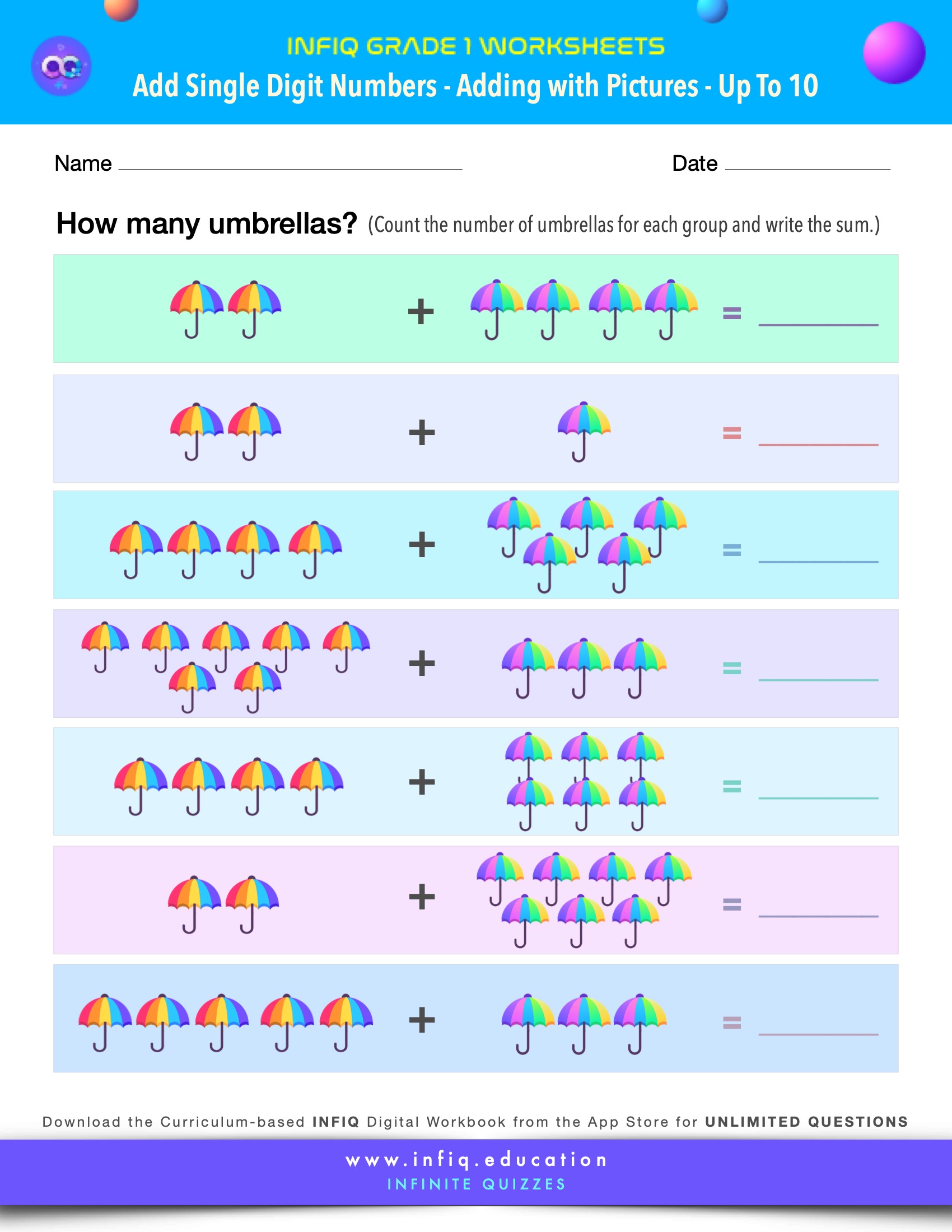 INFIQ | GRADE 1 Math Worksheets- Add Single Digit Numbers - Adding with ...