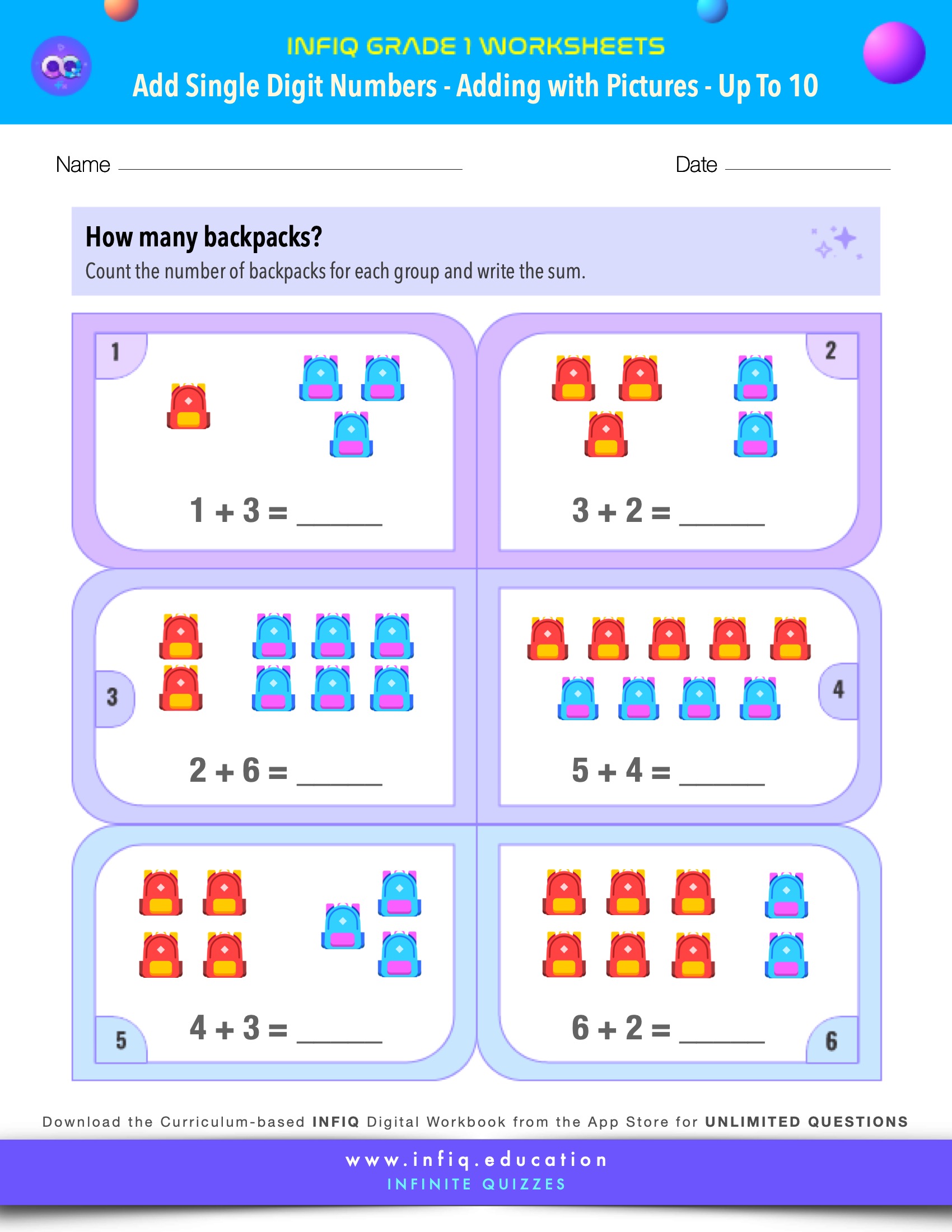 INFIQ | GRADE 1 Math Worksheets- Add Single Digit Numbers - Adding with ...