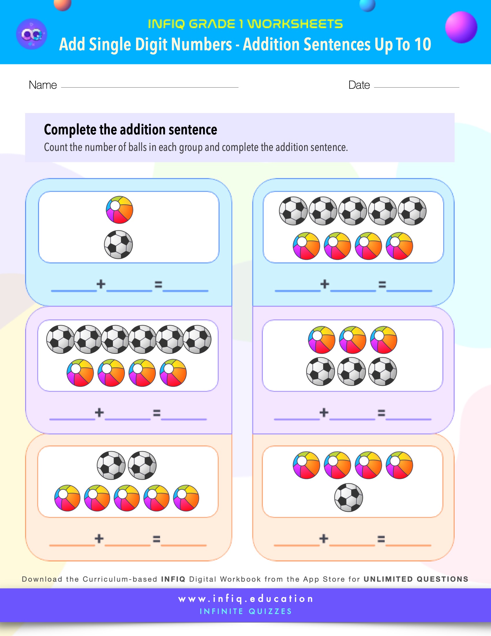 INFIQ | GRADE 1 Math Worksheets- Add Single Digit Numbers - Addition ...