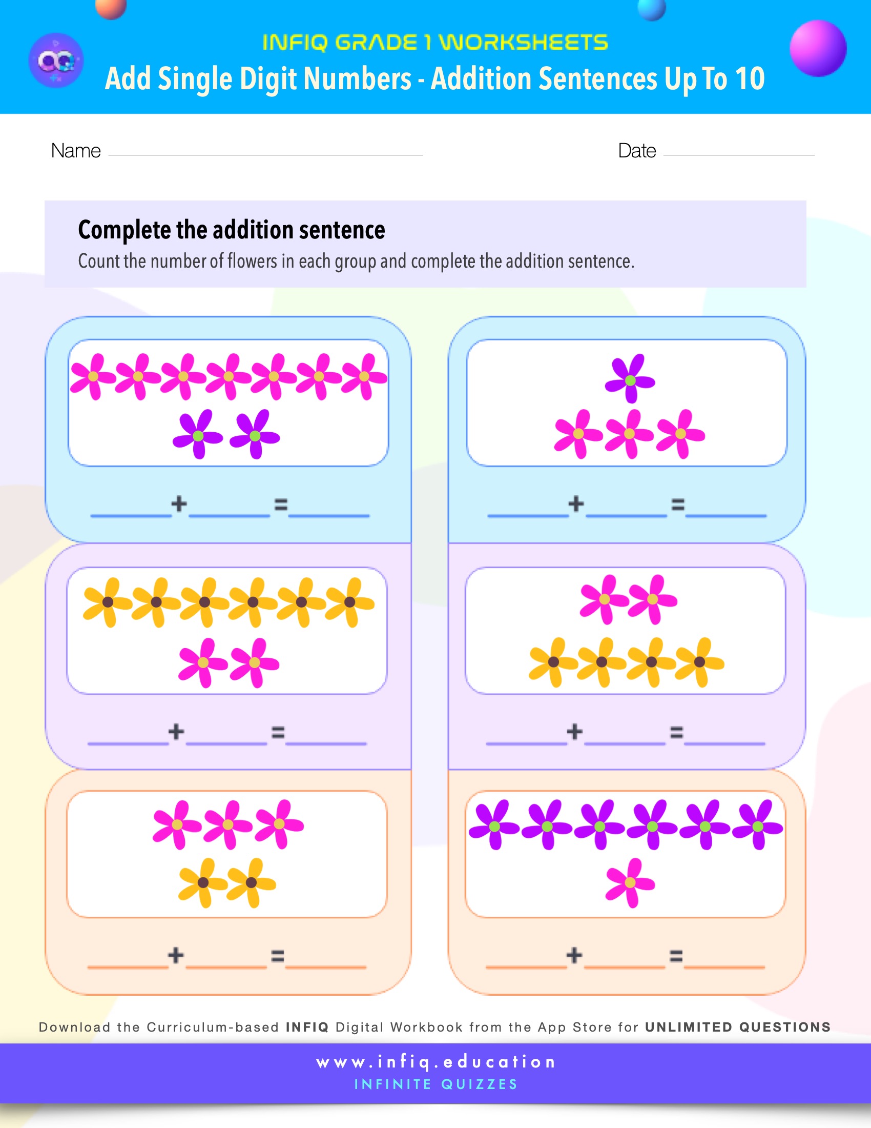 INFIQ | GRADE 1 Math Worksheets- Add Single Digit Numbers - Addition ...
