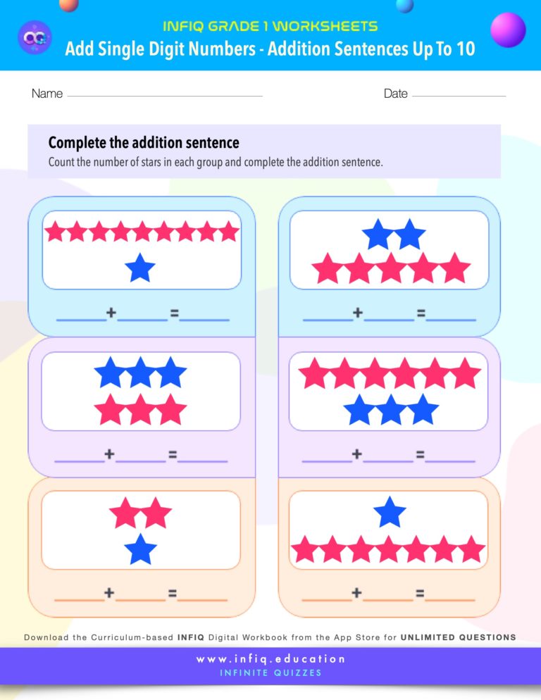 INFIQ | GRADE 1 Math Worksheets- Add Single Digit Numbers - Addition ...