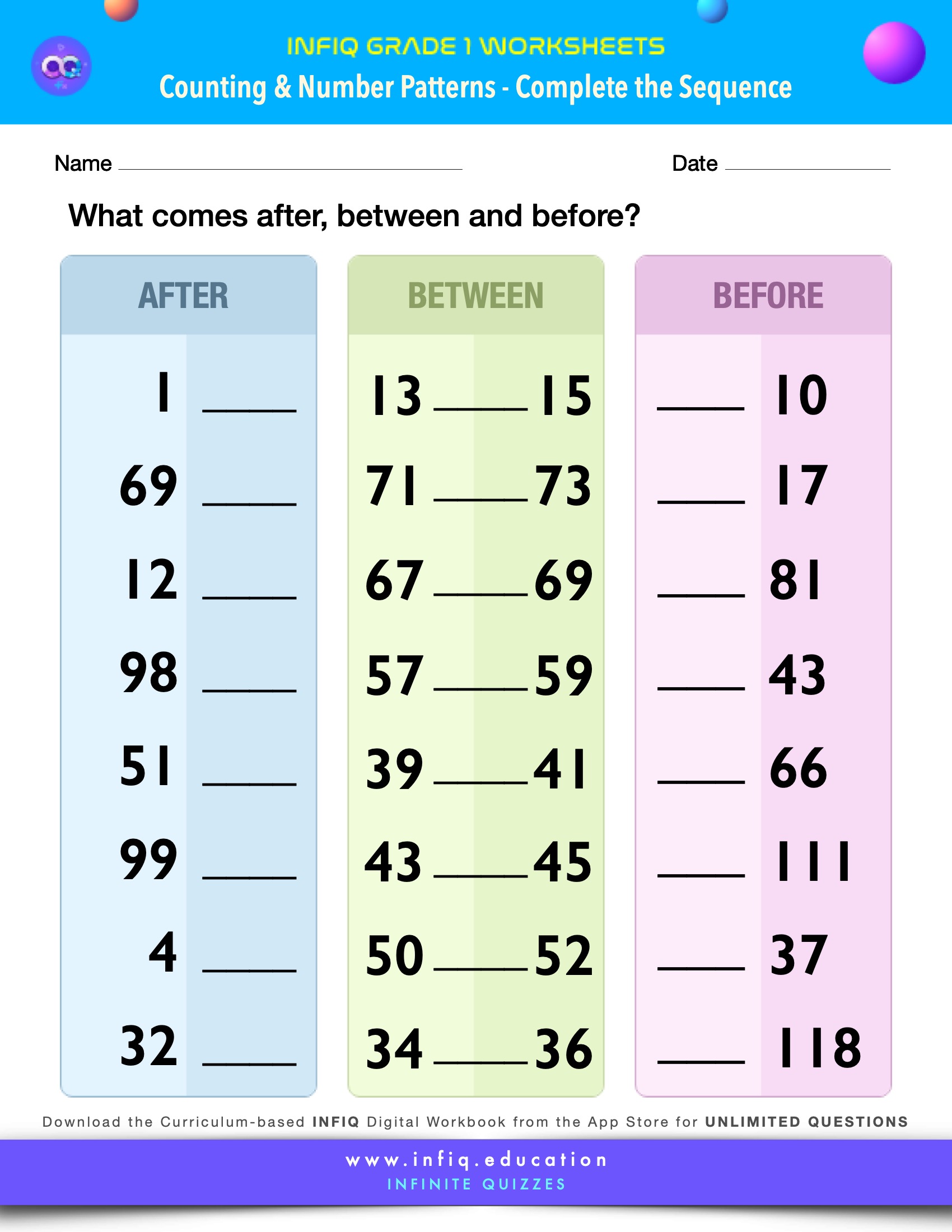 INFIQ | GRADE 1 Math Worksheets- Counting and Number Patterns ...