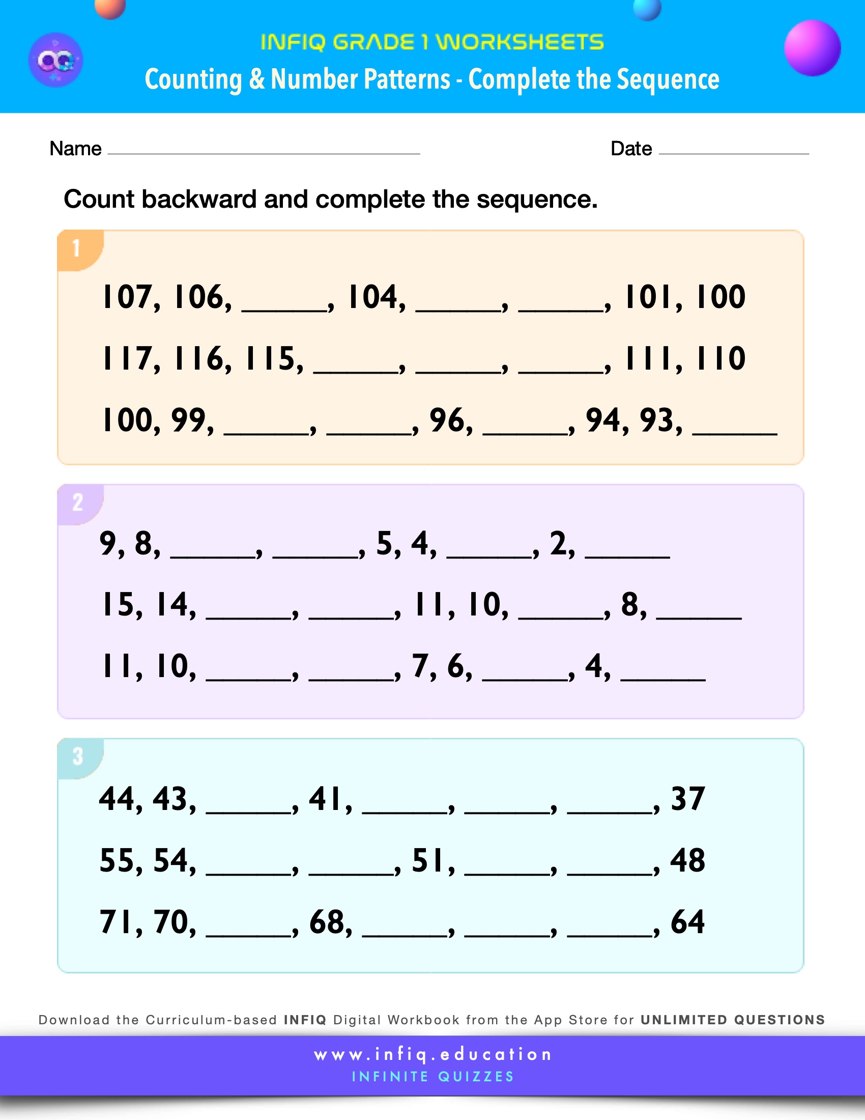 INFIQ | GRADE 1 Math Worksheets- Counting and Number Patterns ...