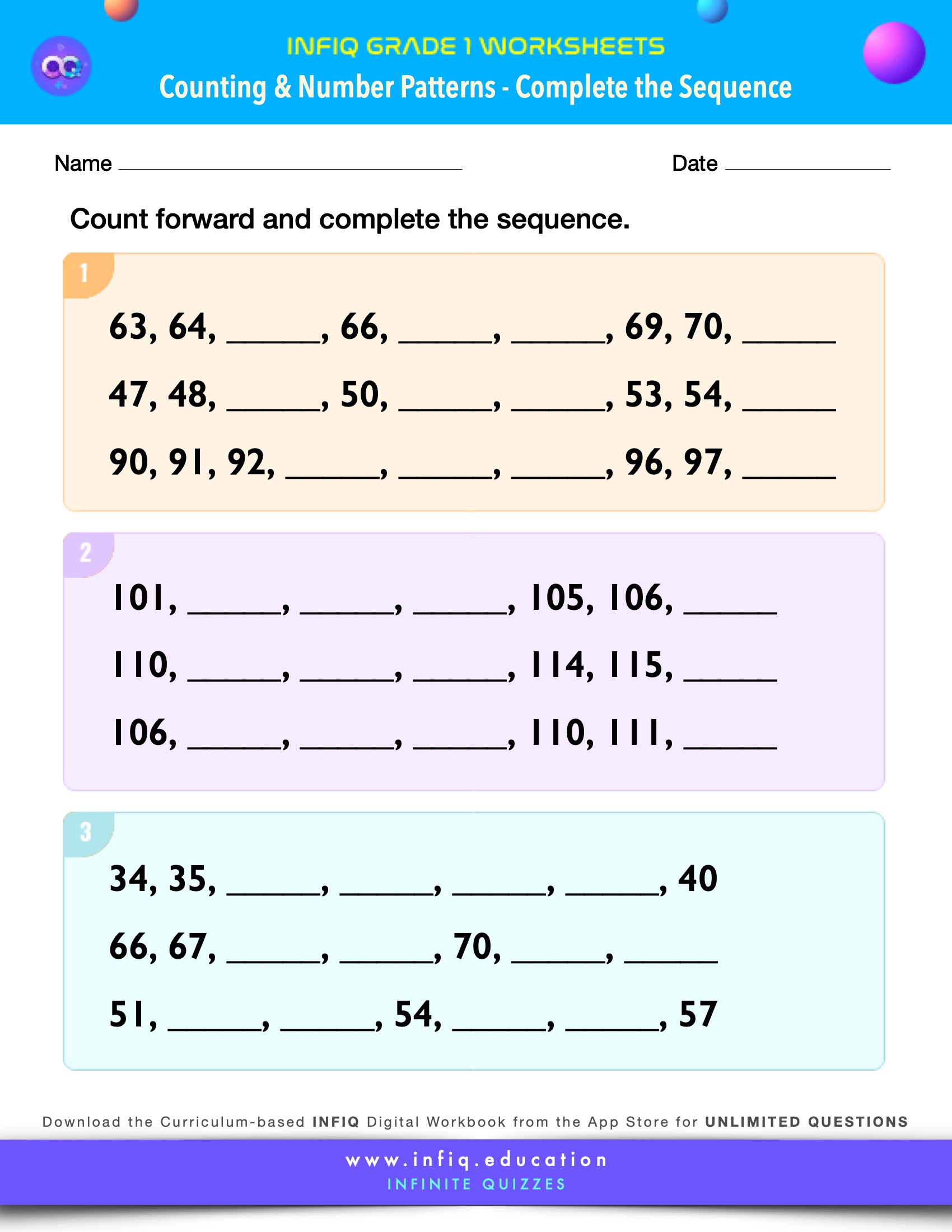 INFIQ | GRADE 1 Math Worksheets- Counting and Number Patterns ...