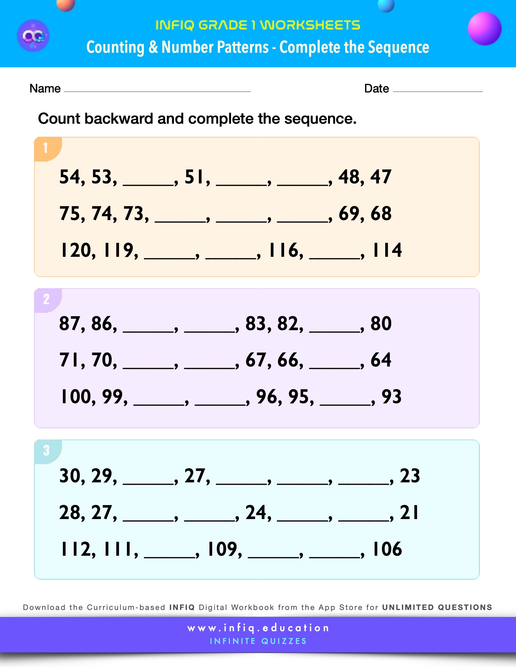 INFIQ | GRADE 1 Math Worksheets- Counting and Number Patterns ...