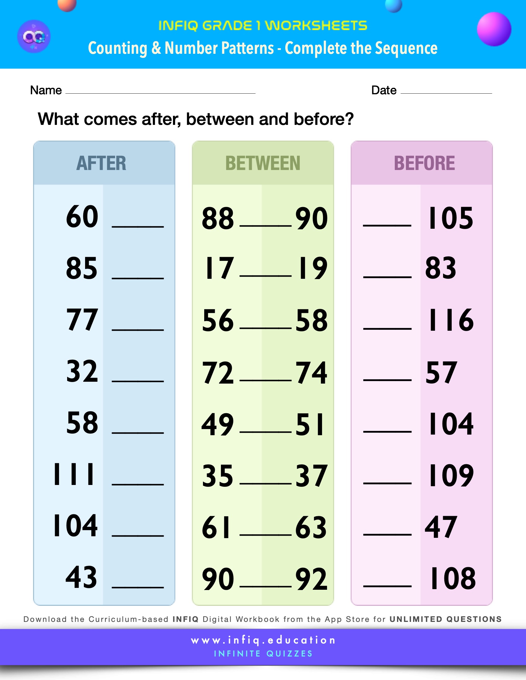 INFIQ | GRADE 1 Math Worksheets- Counting and Number Patterns ...