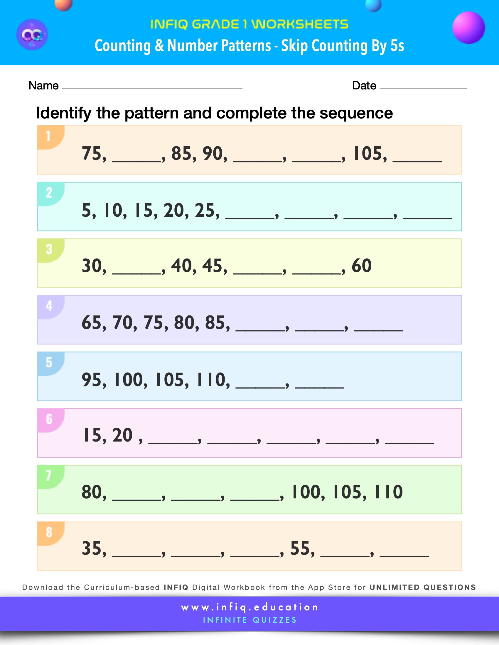 INFIQ | GRADE 1 Math Worksheets- Counting and Number Patterns - Skip ...