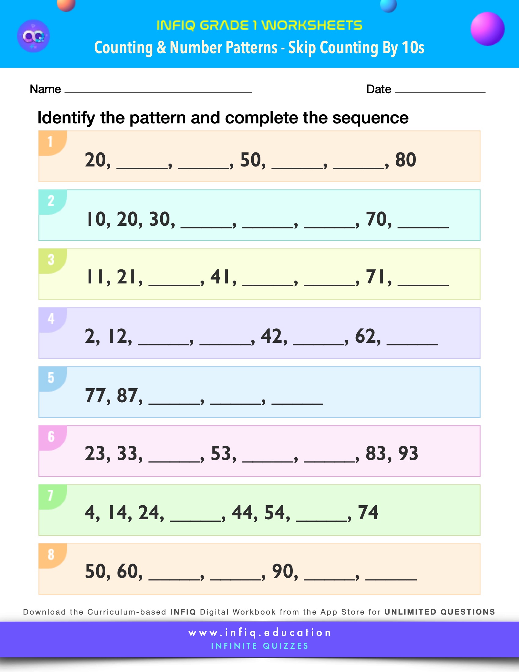INFIQ | GRADE 1 Math Worksheets- Counting and Number Patterns - Skip ...