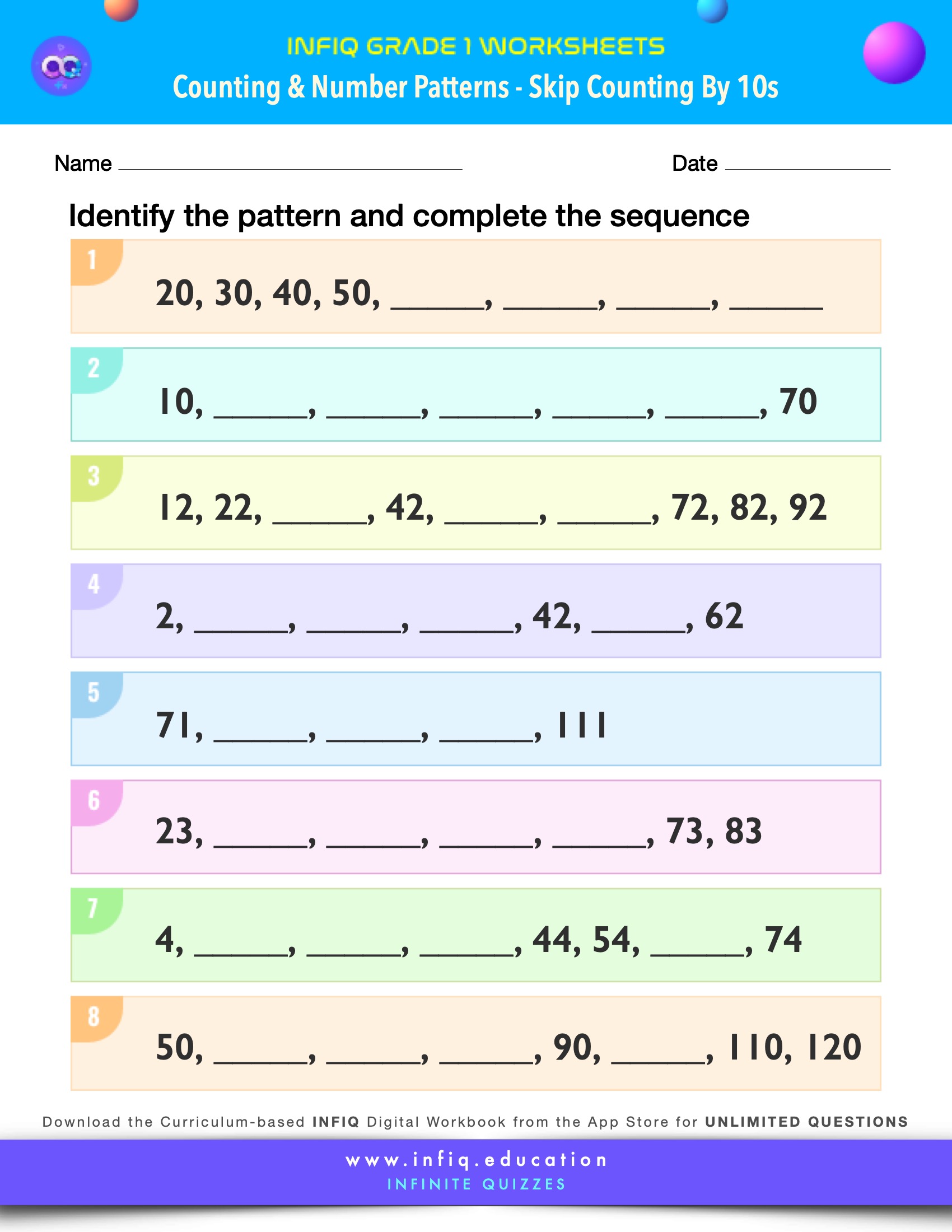 INFIQ | GRADE 1 Math Worksheets- Counting and Number Patterns - Skip ...