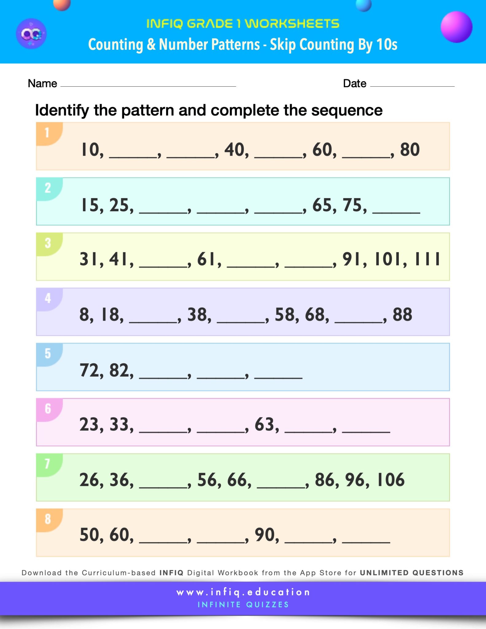INFIQ | GRADE 1 Math Worksheets- Counting and Number Patterns - Skip ...
