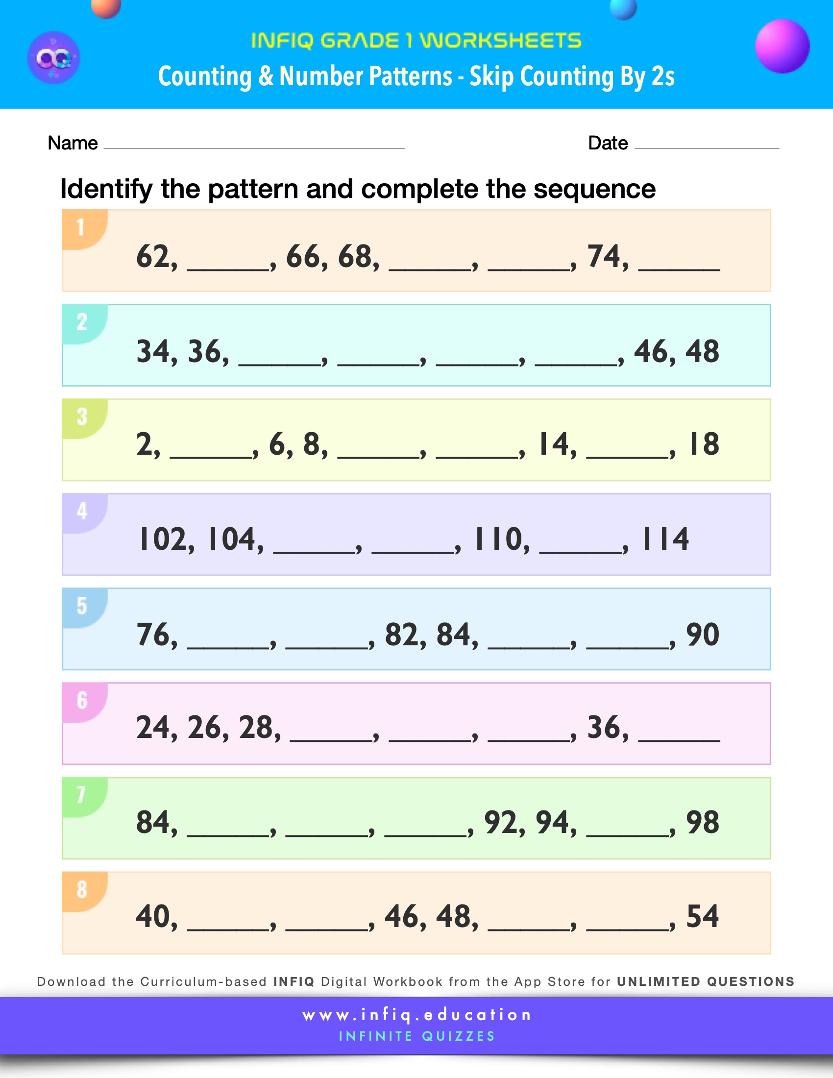 INFIQ | GRADE 1 Math Worksheets- Counting and Number Patterns - Skip ...
