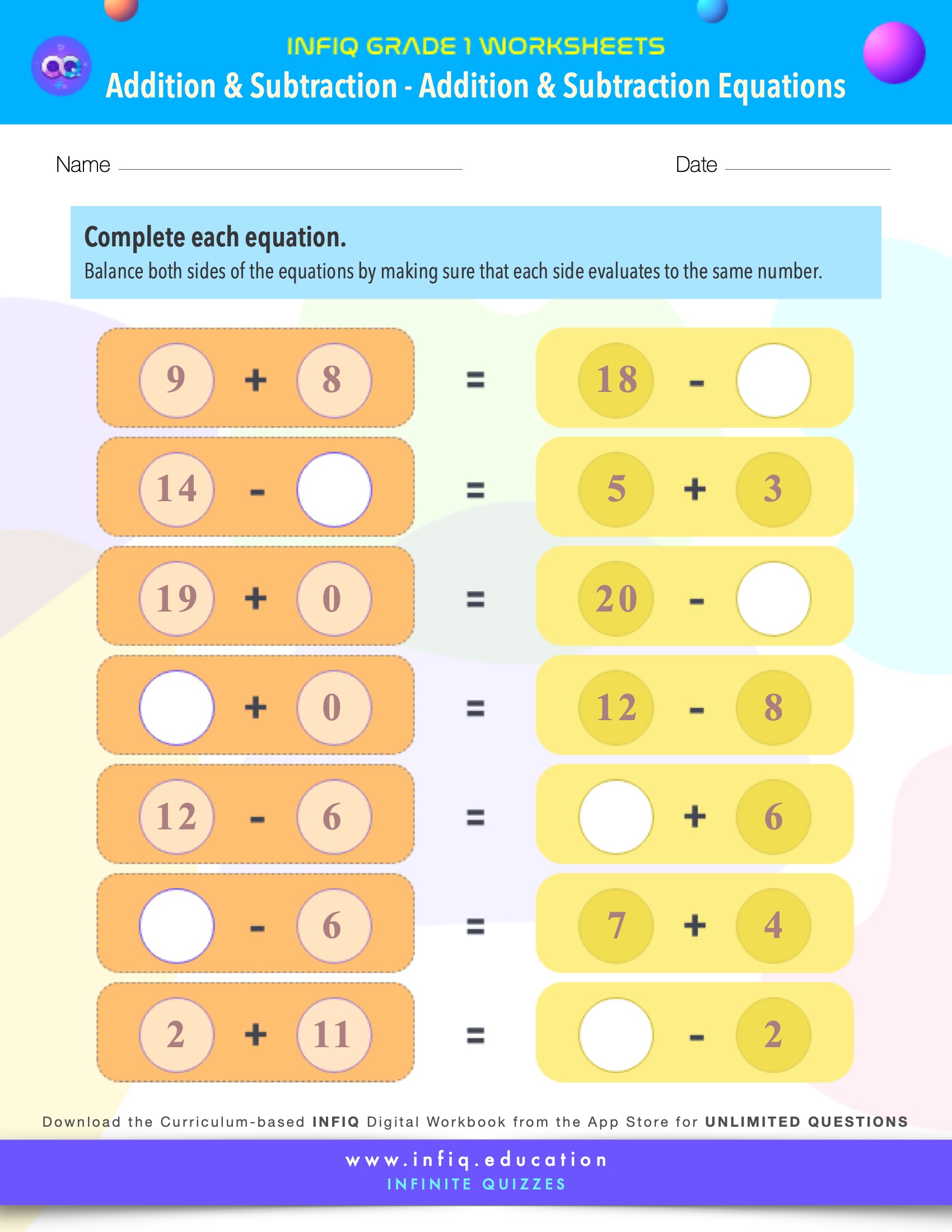 INFIQ | GRADE 1 Math Worksheets- Addition & Subtraction - Addition ...