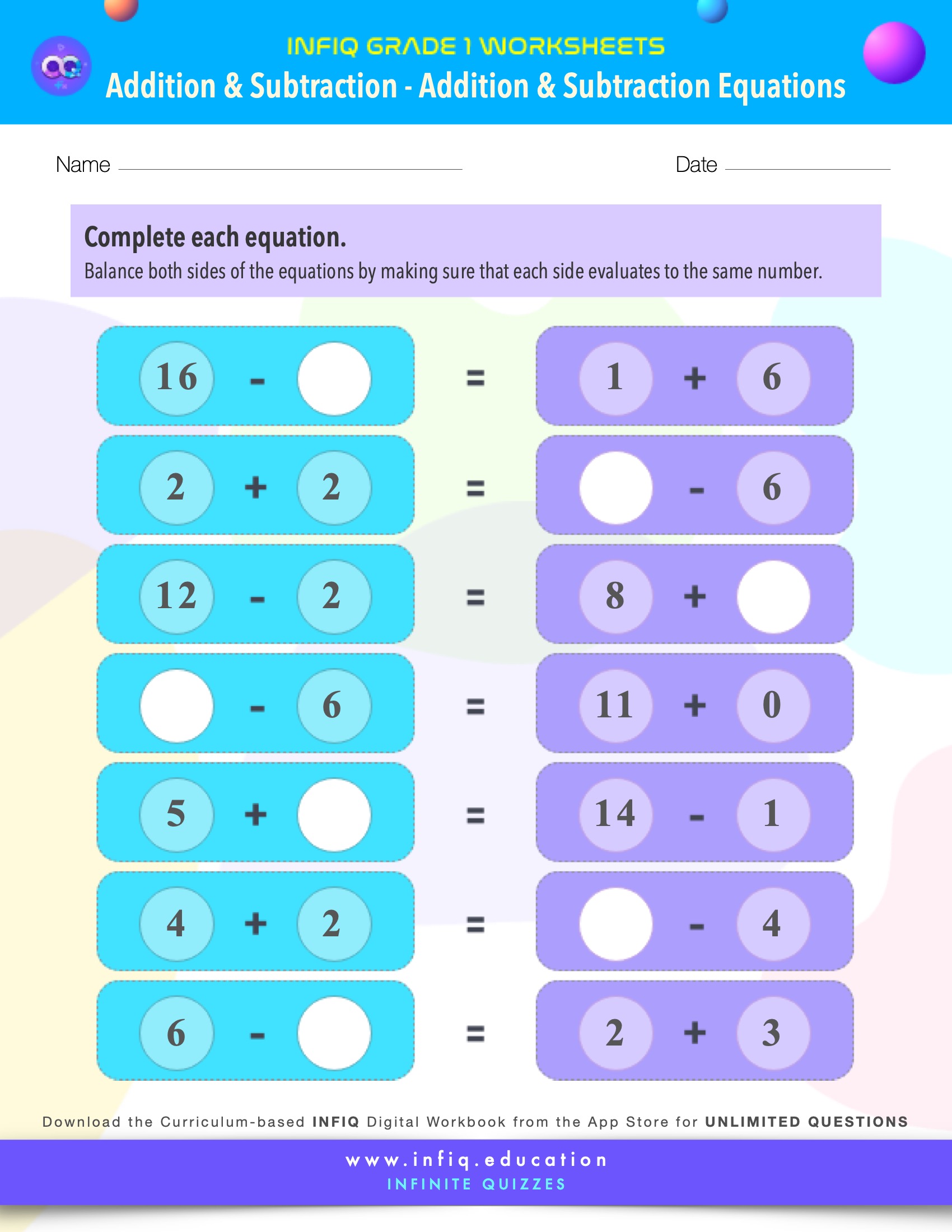INFIQ | GRADE 1 Math Worksheets- Addition & Subtraction - Addition ...